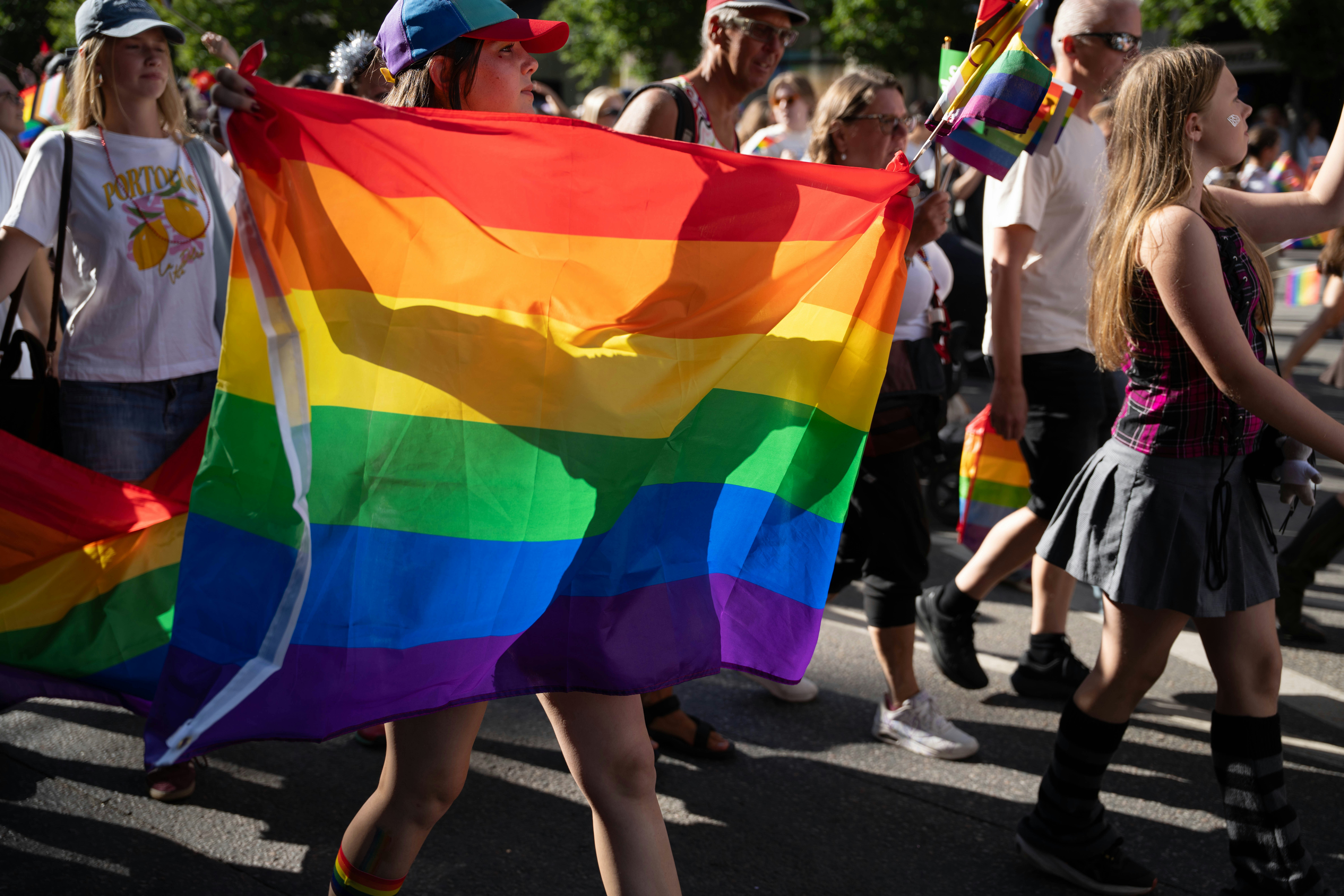 Vibrant rainbow flag leading a parade with diverse participants marching behind it in daylight.