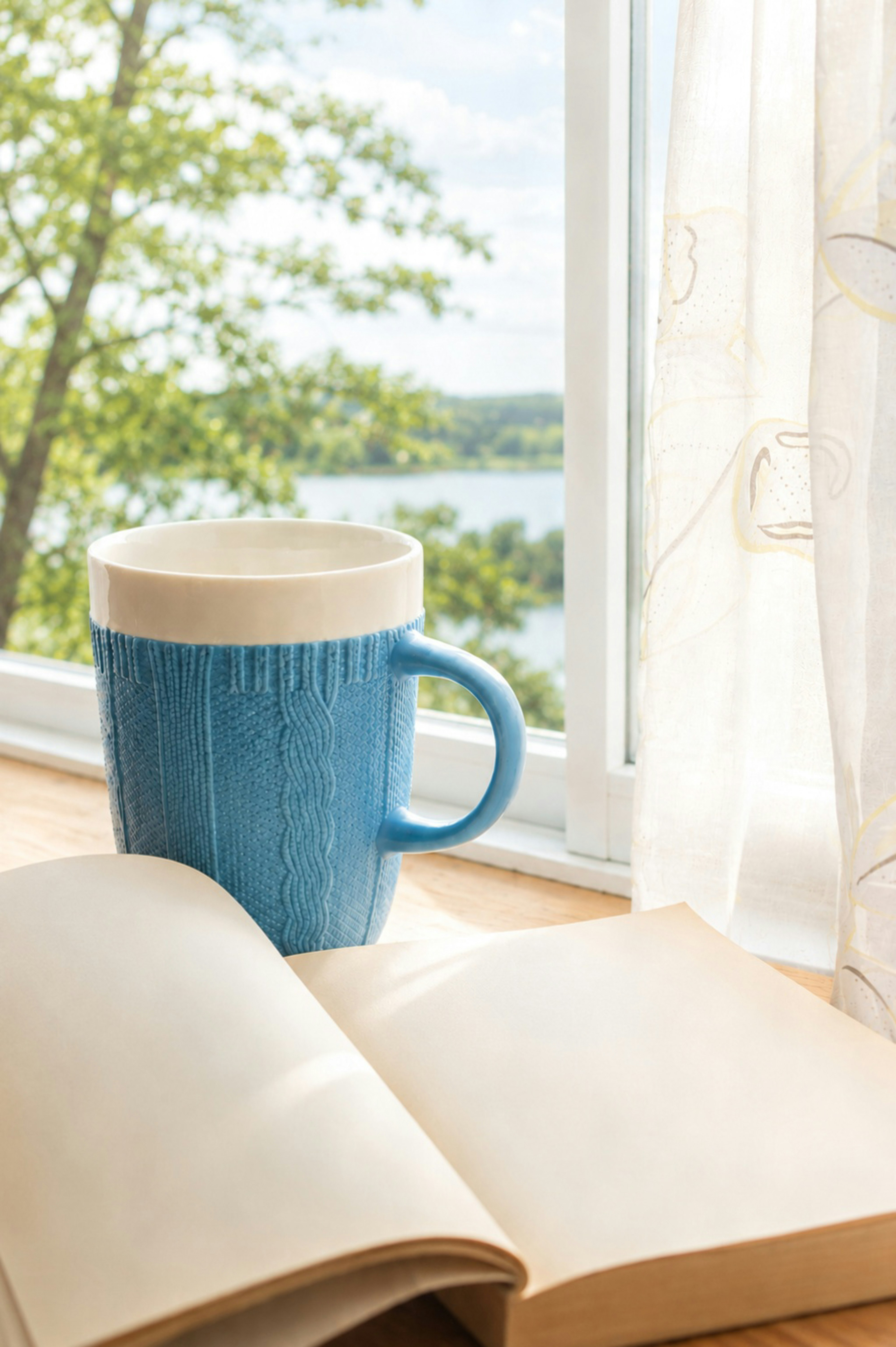 Blue mug by a sunlit window with an open notebook