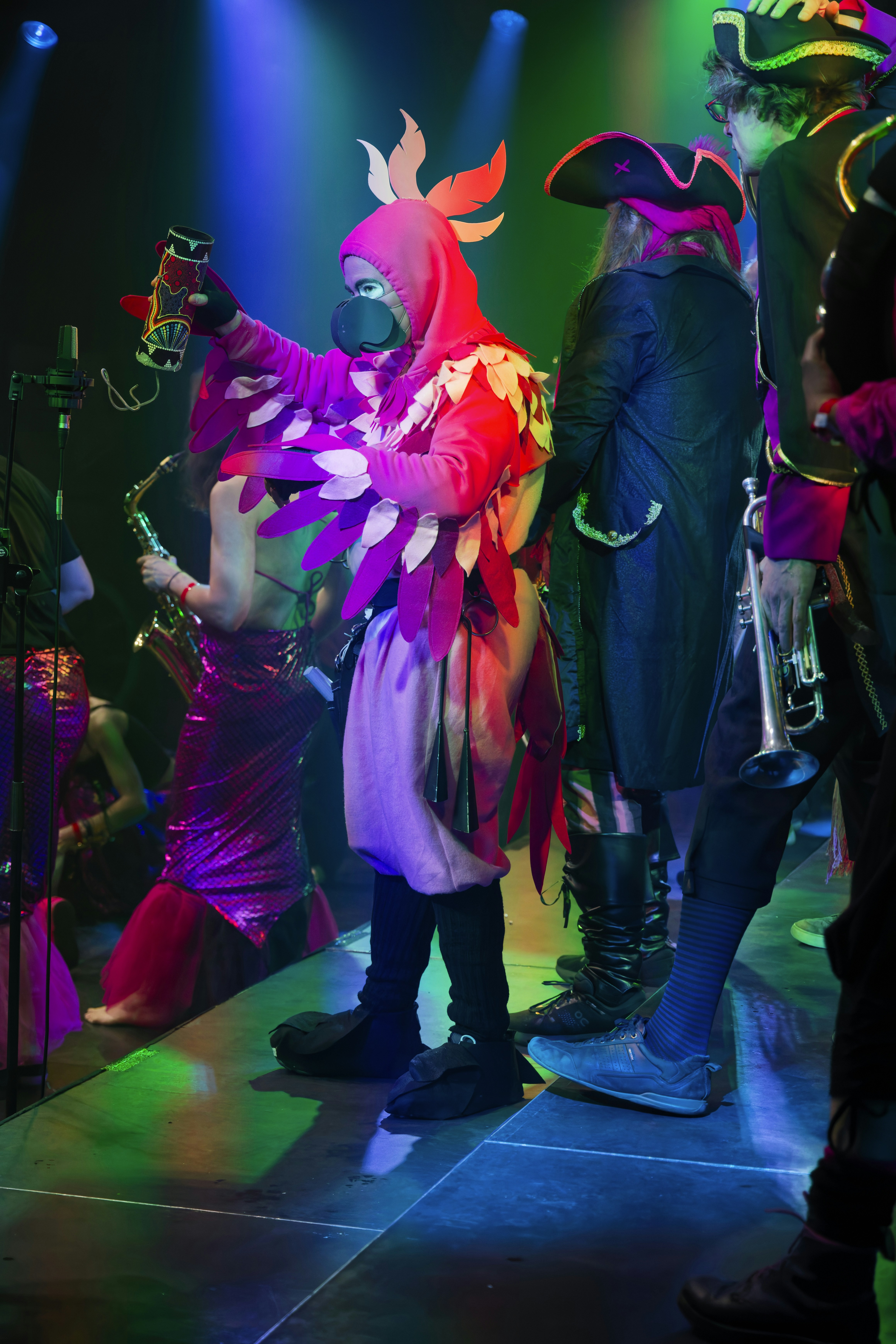 Masked Bird of Color: A Susurrus of Feathers in a Neon Soiree