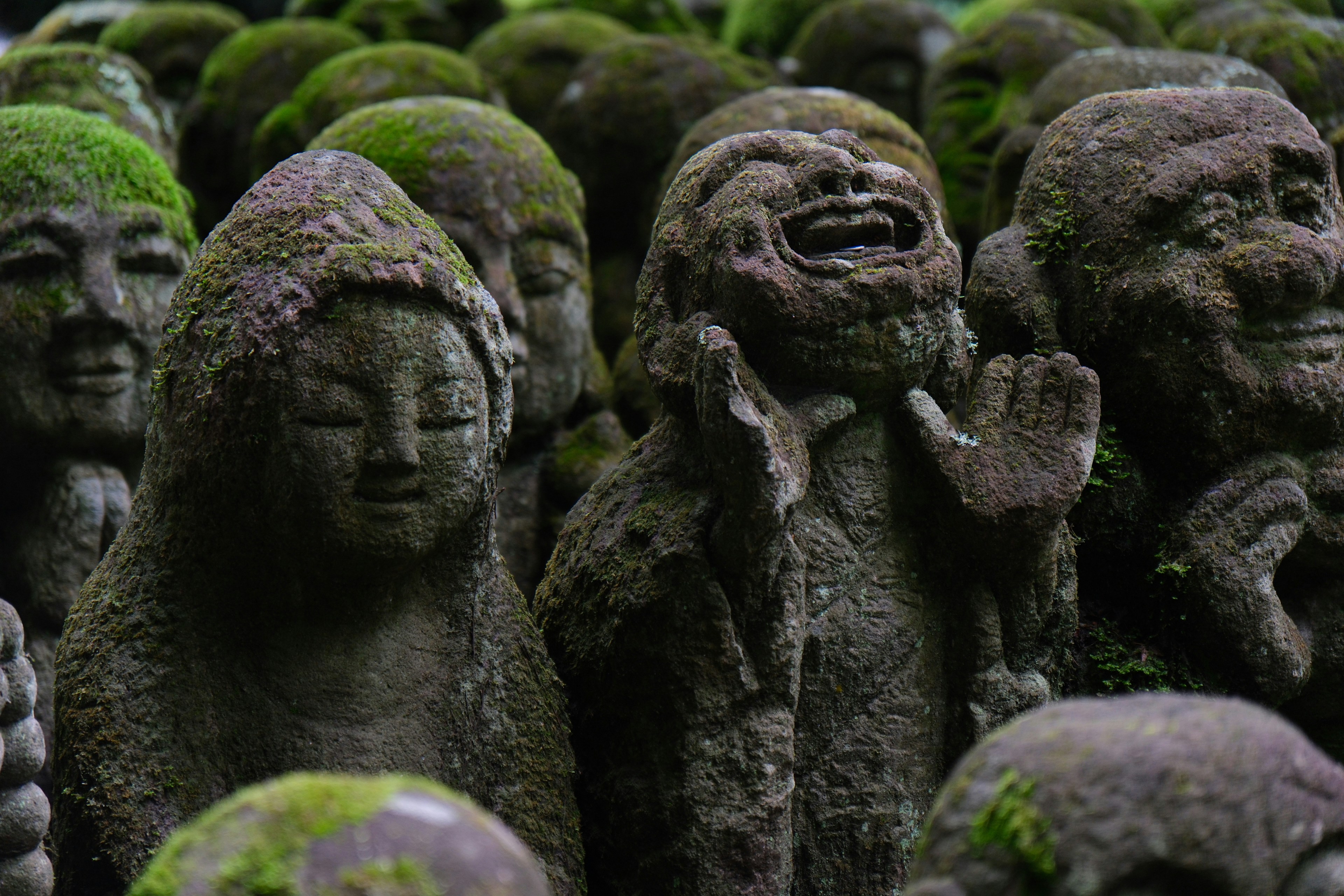 Moss-Capped Carved Faces in Gentle Silence