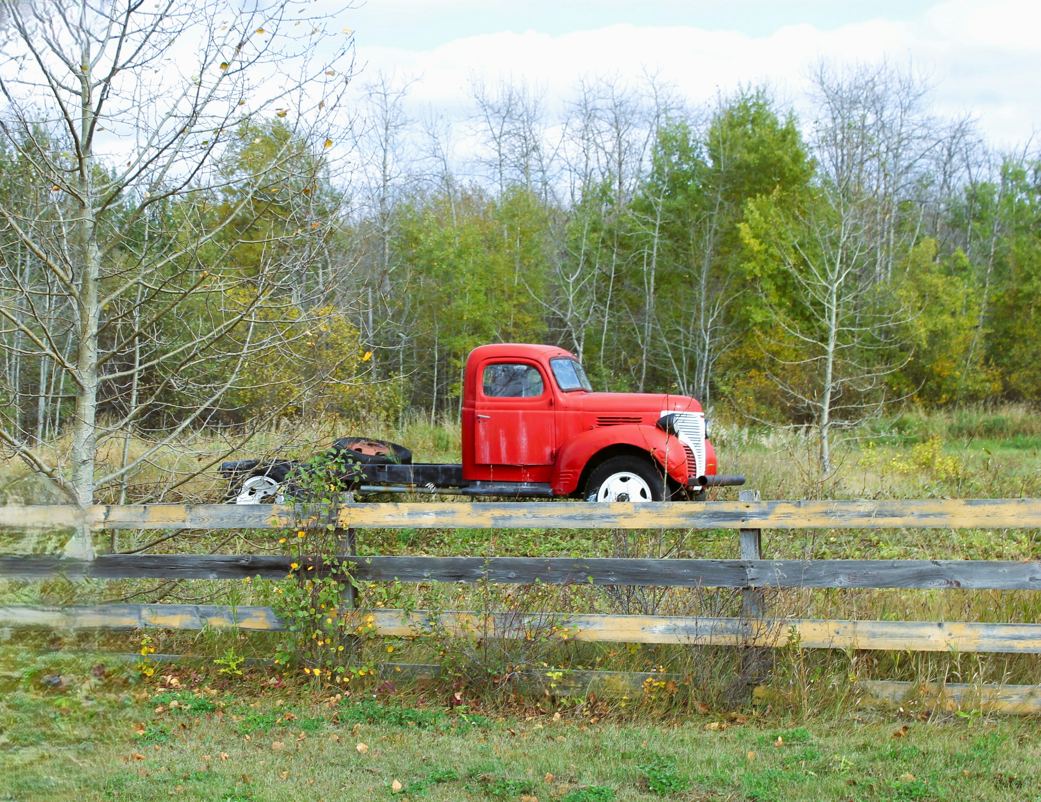 Red vintage pickup pauses by a weathered fence on a quiet field