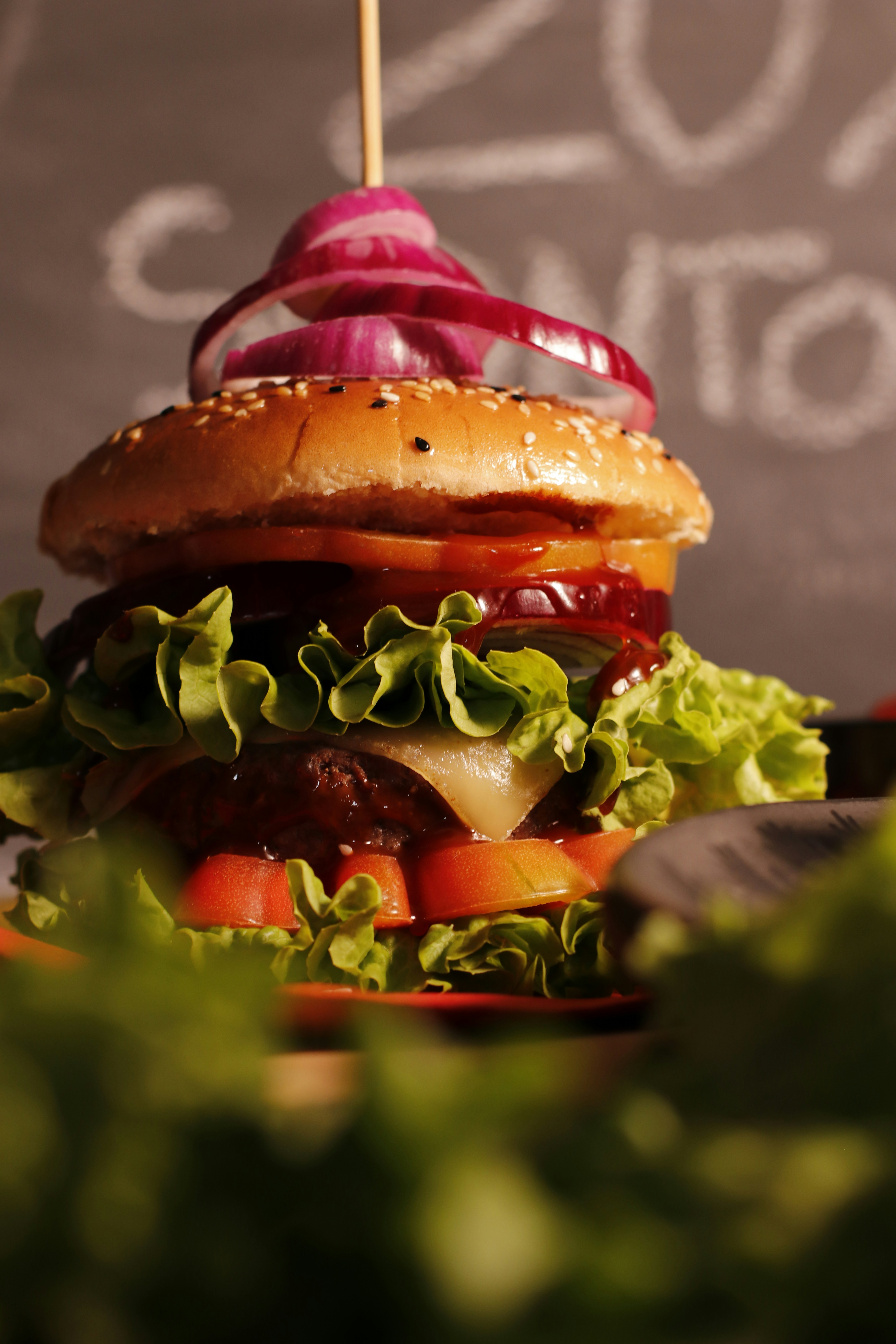 Stacked Burger Portrait: Layers of Color and Crunch