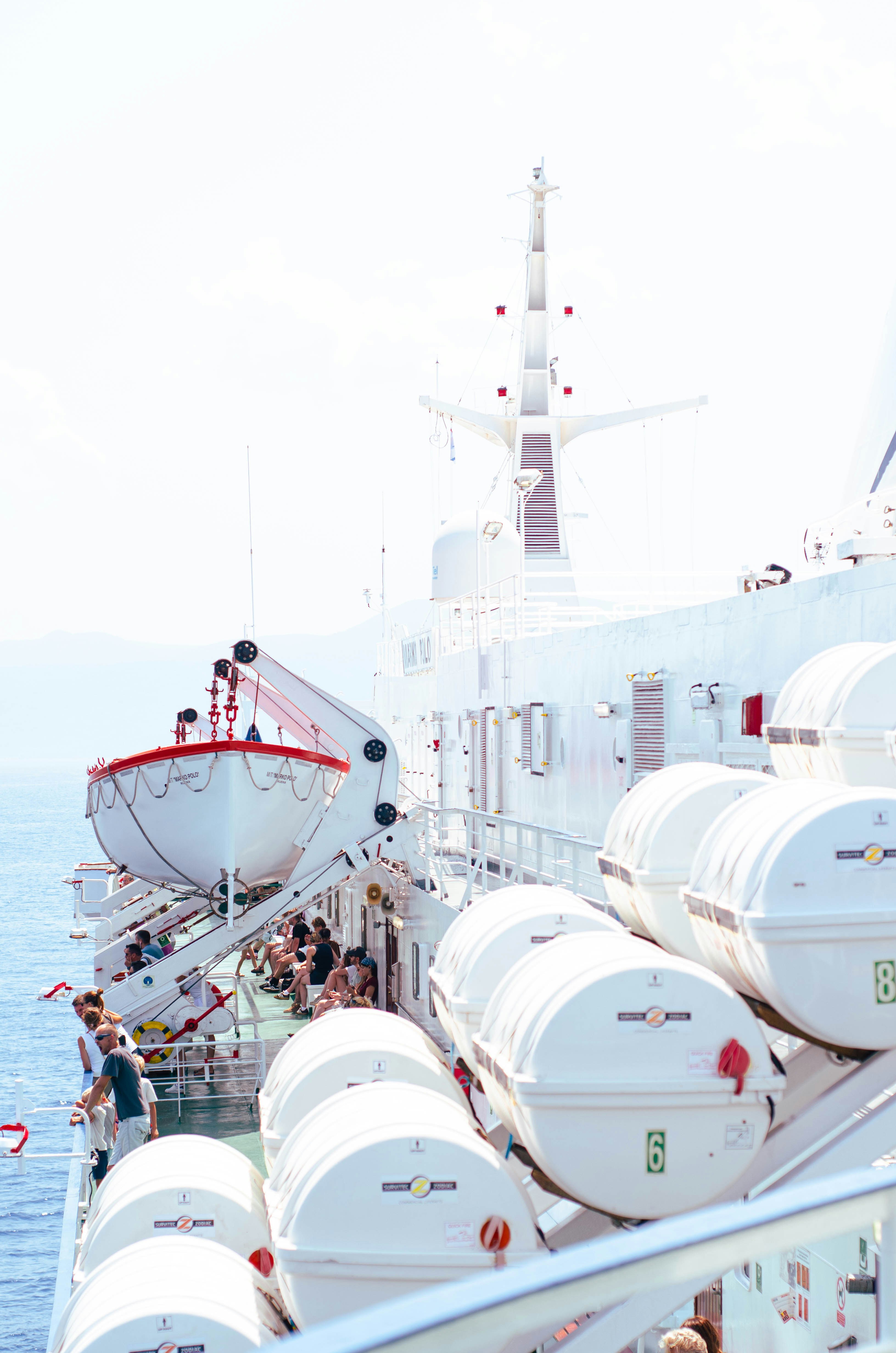 Deckside Lifeboats and Passengers: A Sunlit Vessel Scene