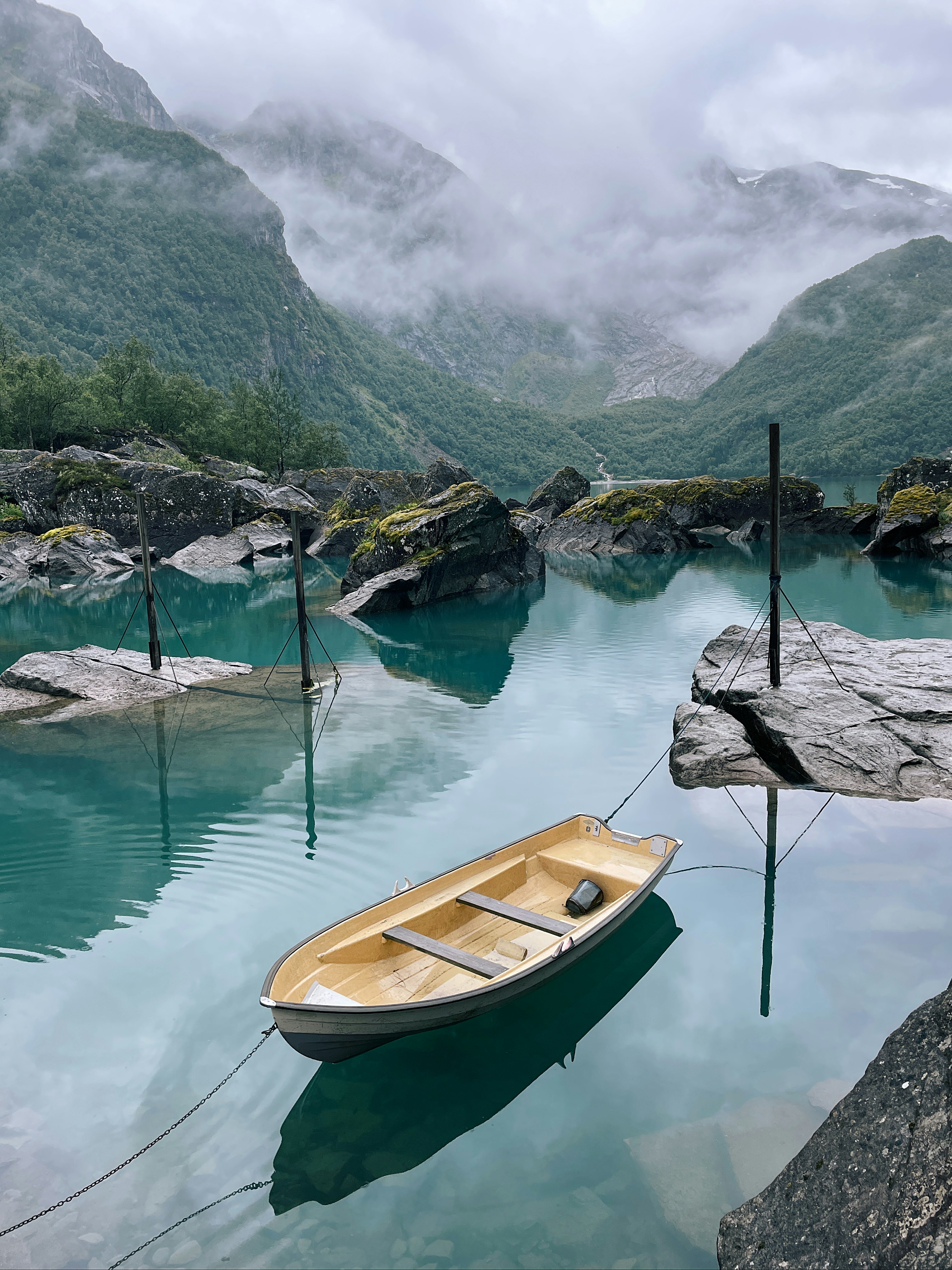 Emerald Lake Boat and Misty Peaks