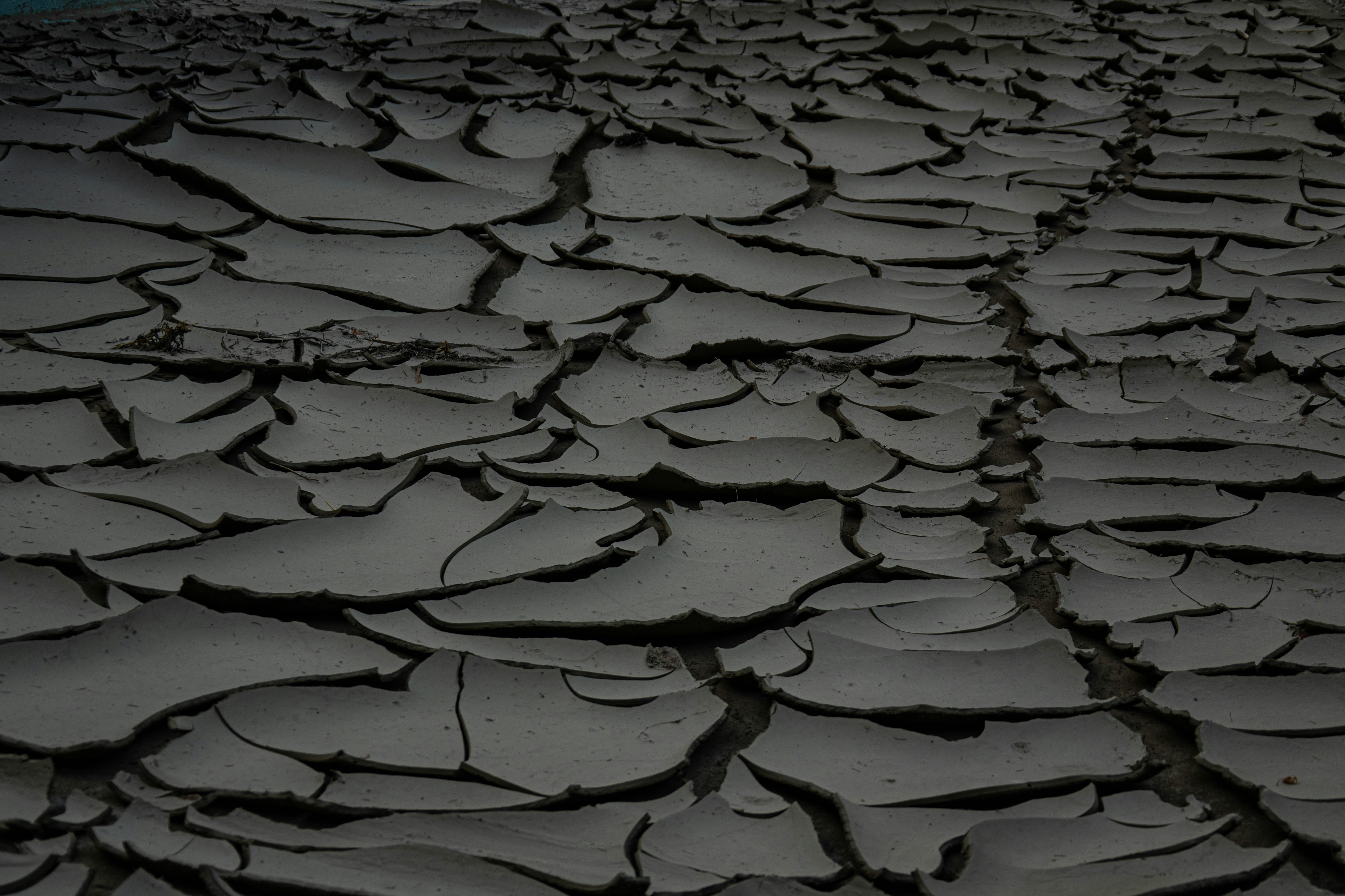 Arid, cracked earth forming a network of polygonal patterns across the frame, conveying a barren landscape.