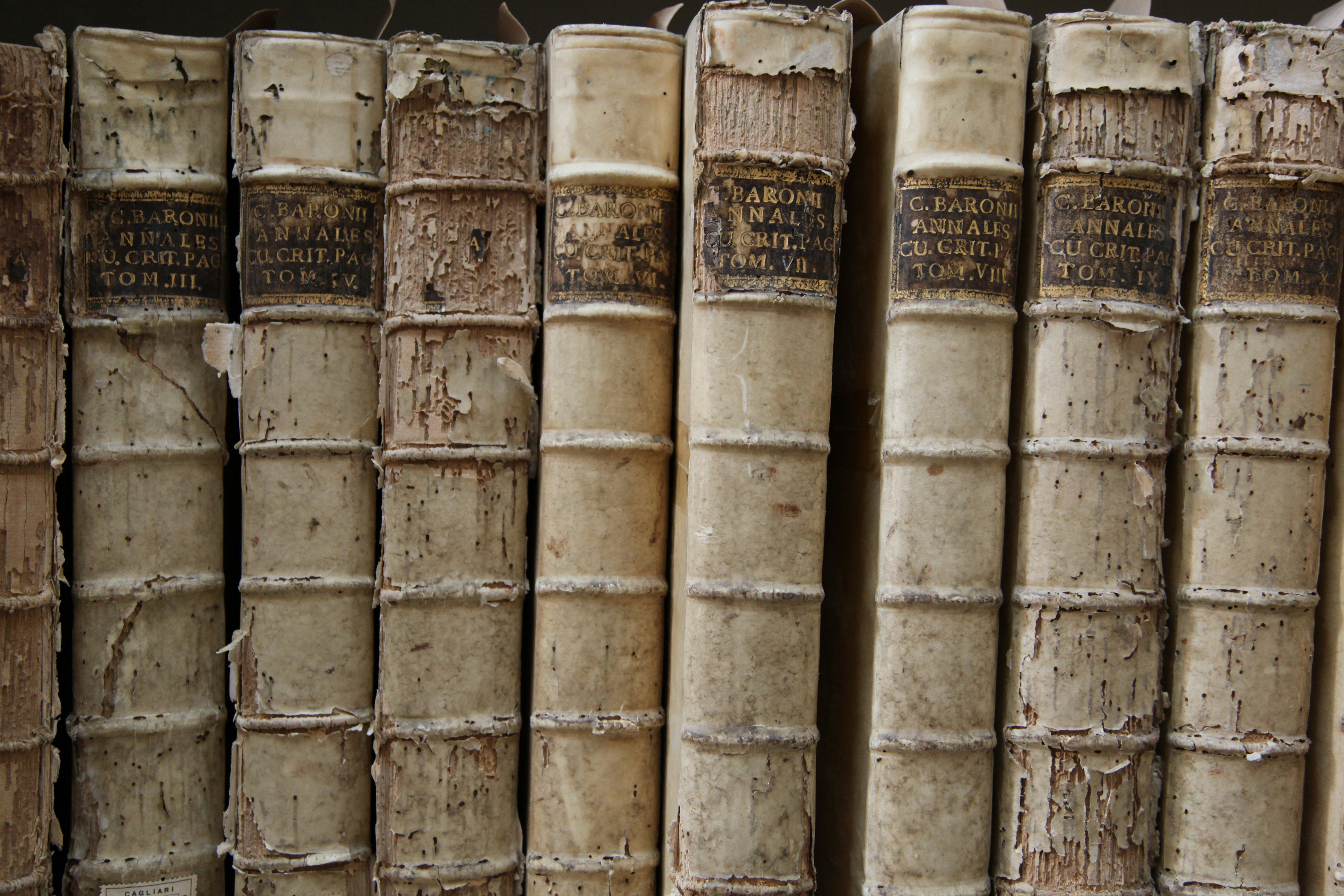 Weathered tomes: a row of aged volumes on a shelf