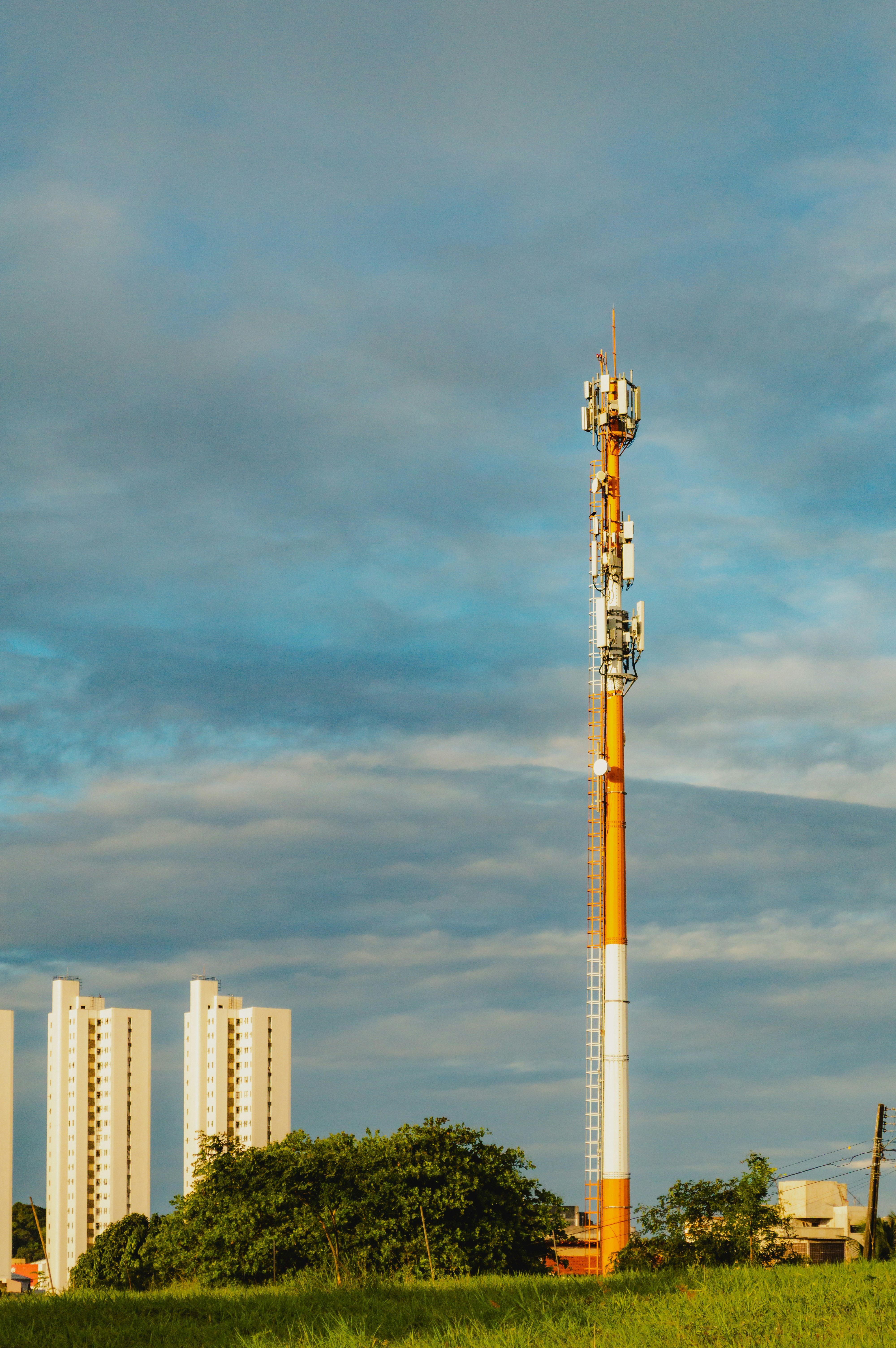 Towering Signal: A lone antenna pierces the clear sky above a quiet suburb