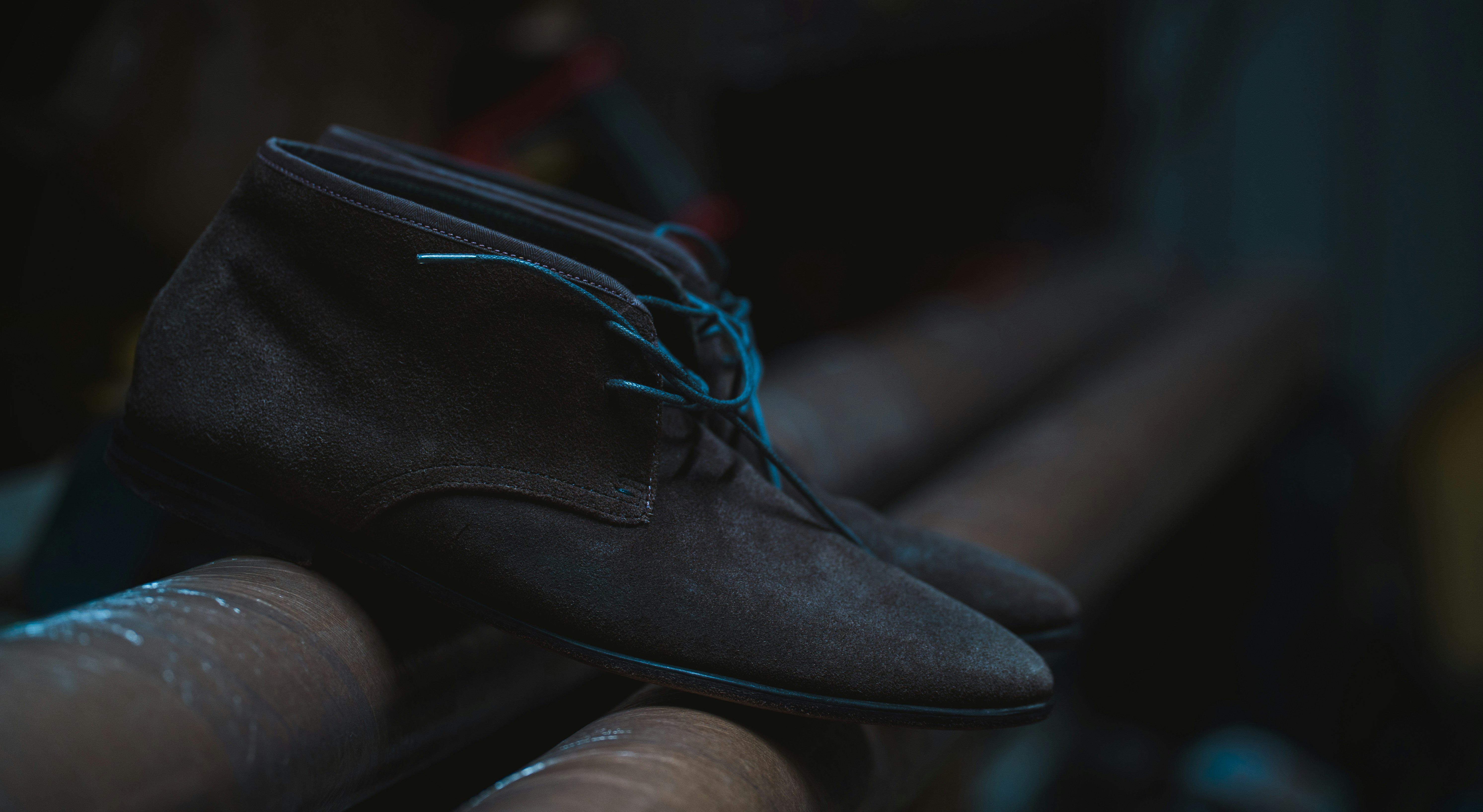 Blue Laced Sole: A Single Shoe Resting on Polished Logs