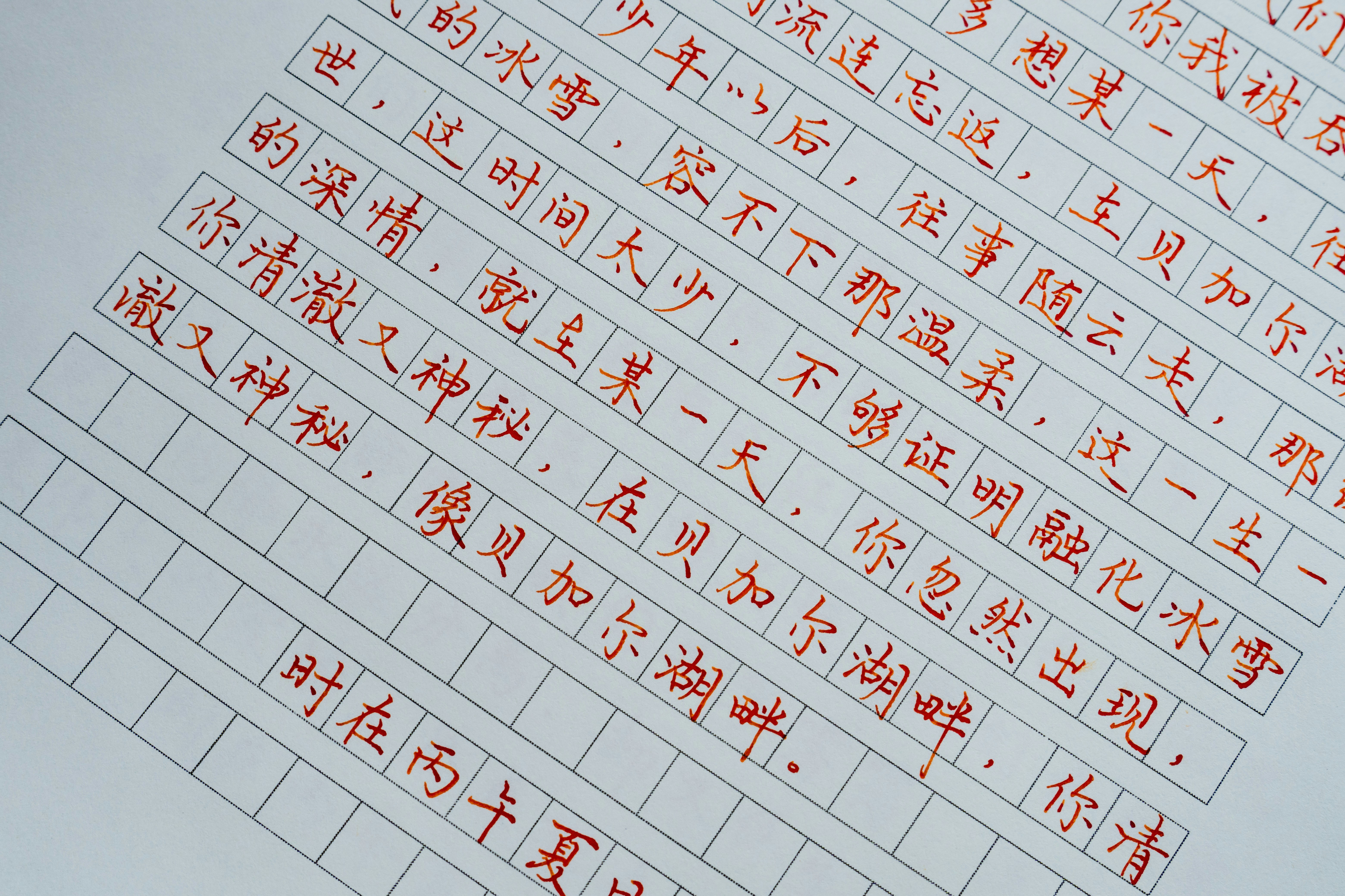 Red Ink on White Grid: A Close Look at Handwritten Chinese Script