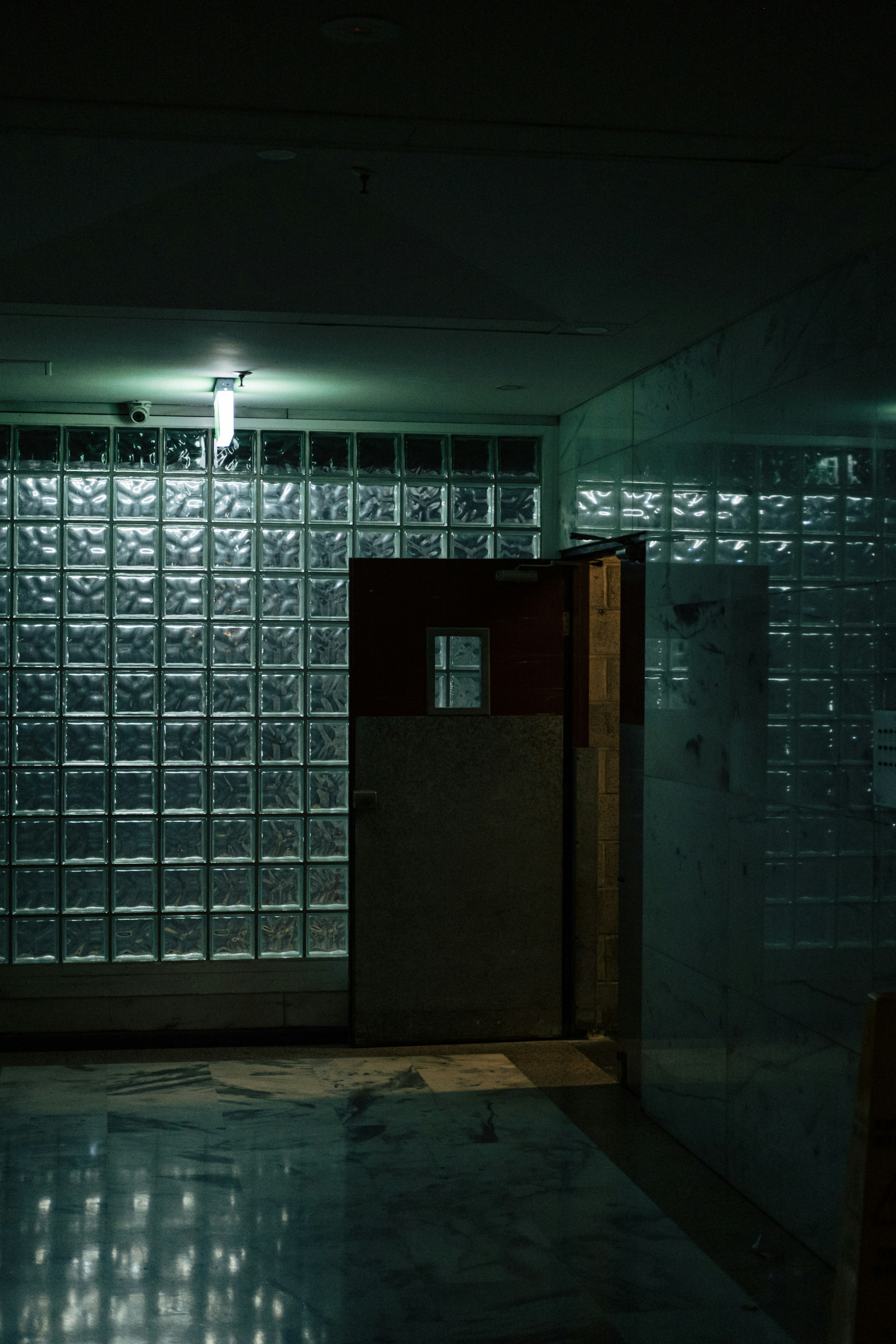 Dim Corridor, Glass Block Wall: A Quiet Instant in a Neon-Filtered Hallway