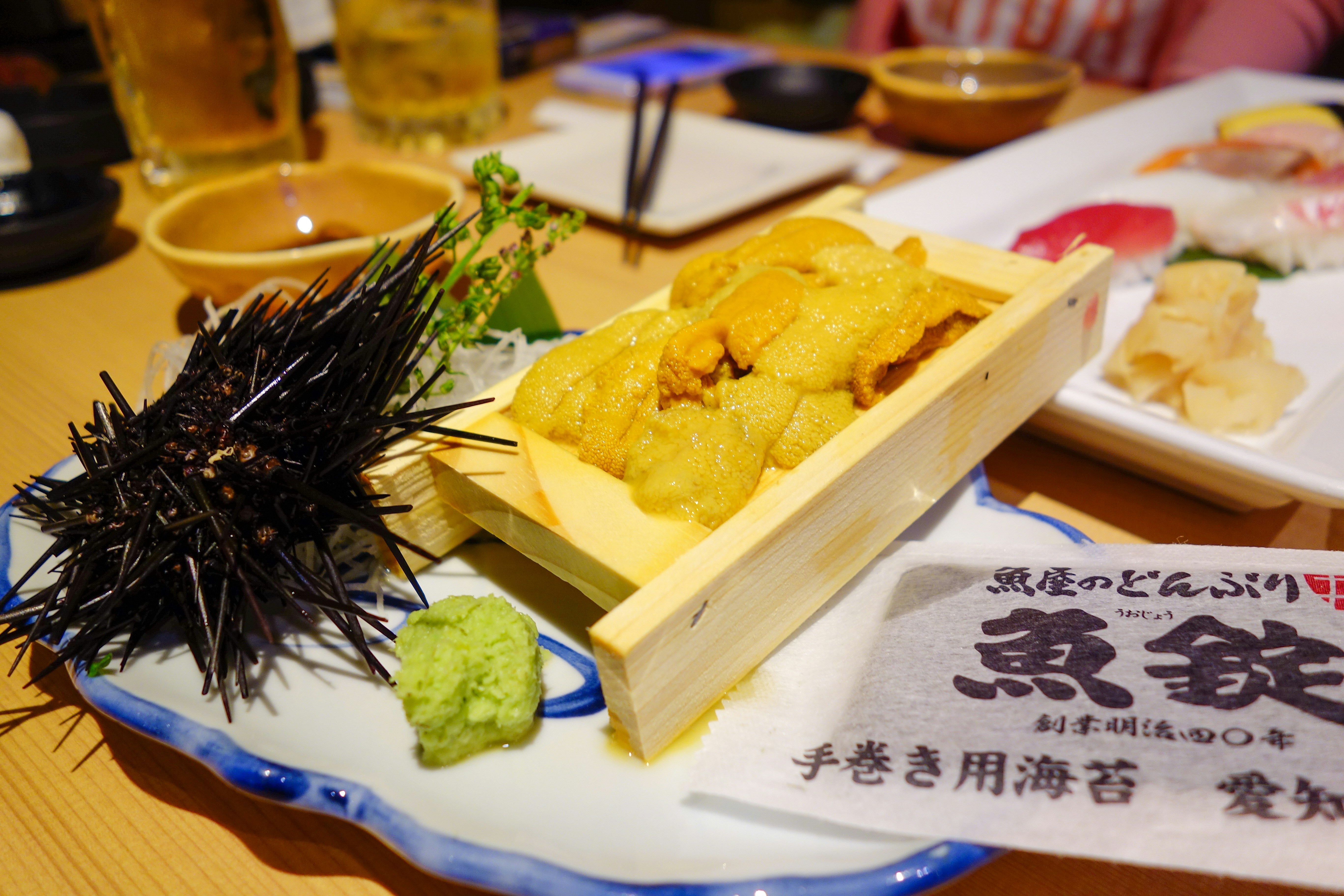 Seafood Platter in a Wooden Box with Wasabi and Seaweed Accent