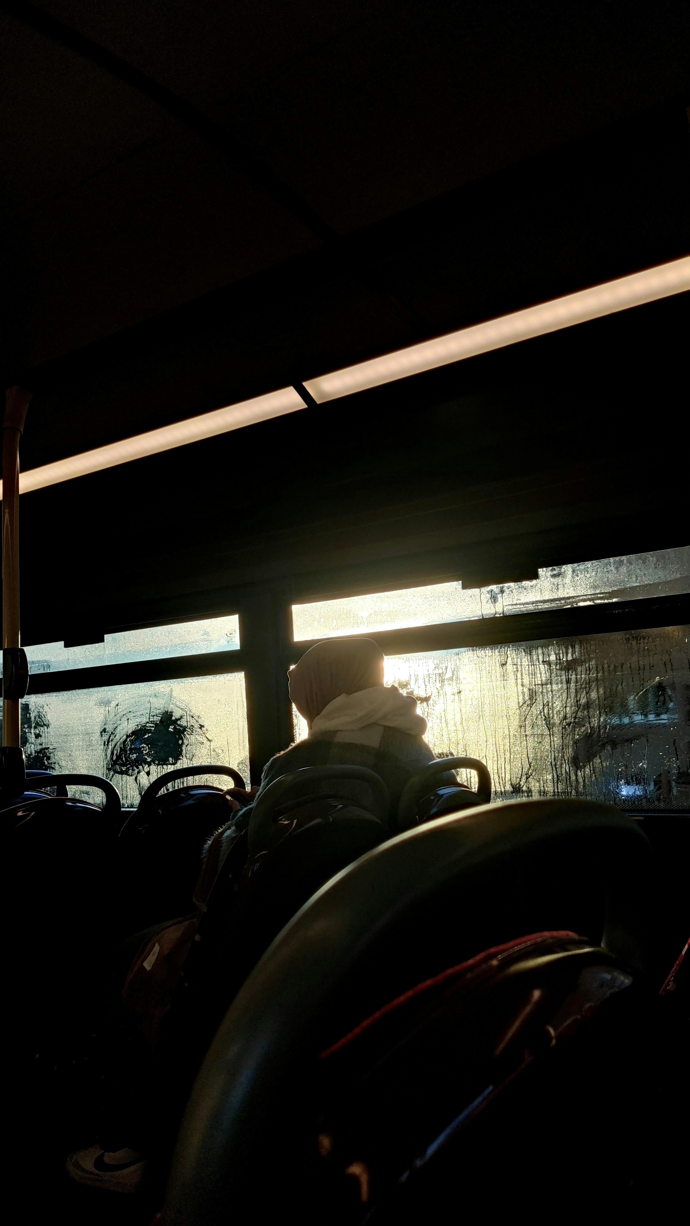 Backlit Passenger: Quiet Moment Amid Bus Interior Shadows