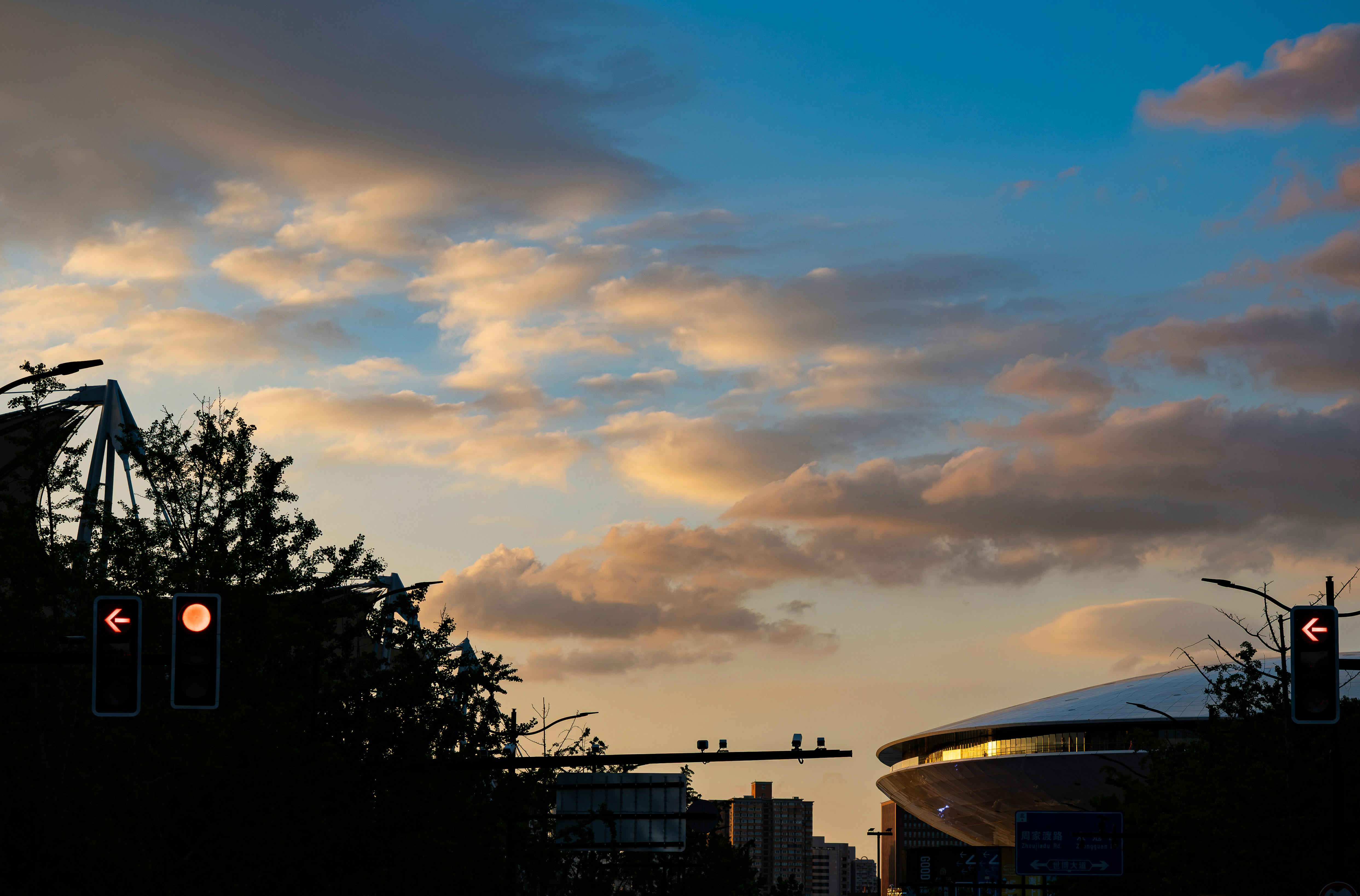 Dusk at the City Edge: A Skyline Framed by Streetlights
