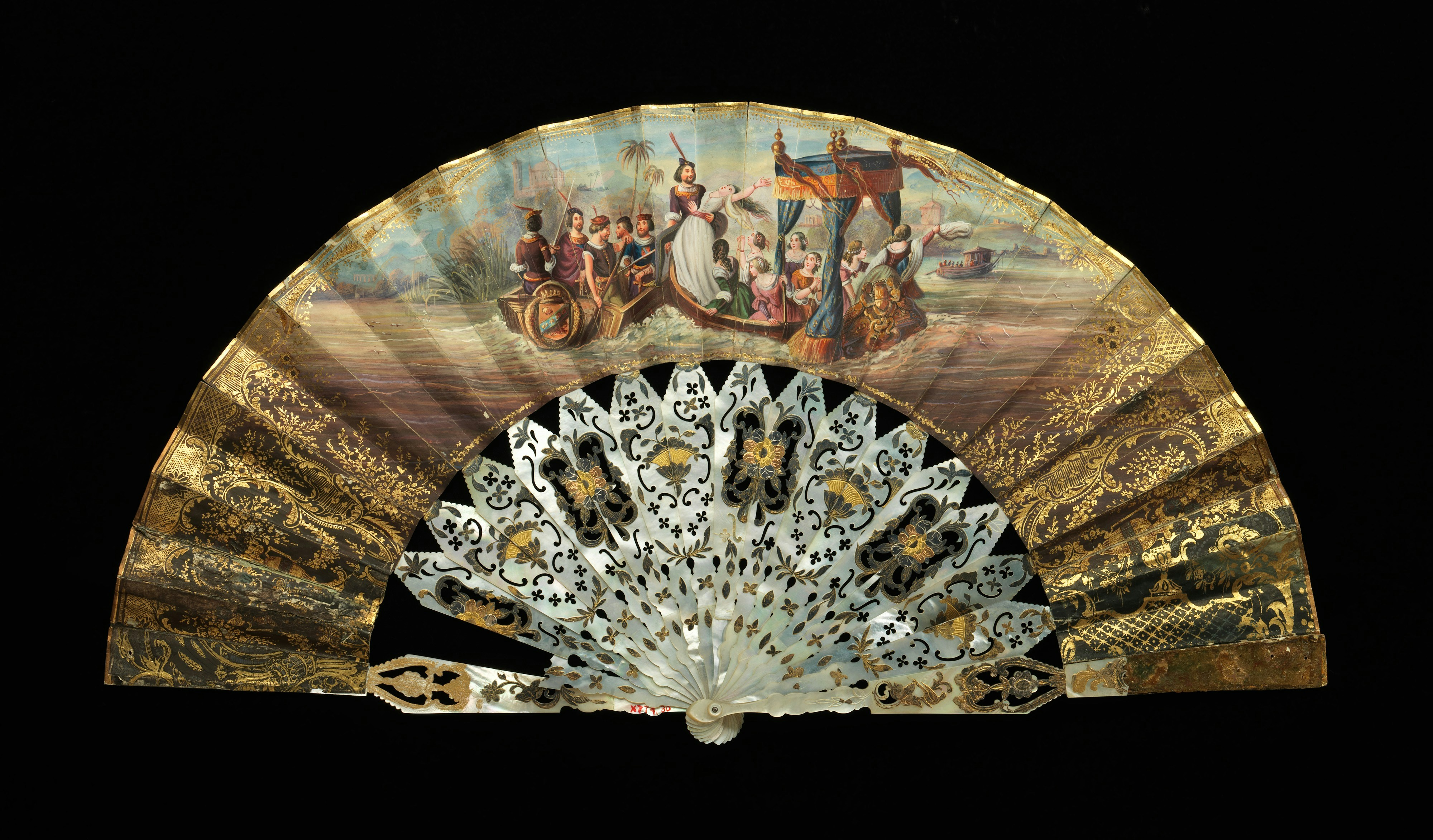 Ornate Handheld Fan Unfolded: Silk Artwork Amid Velvet Darkness