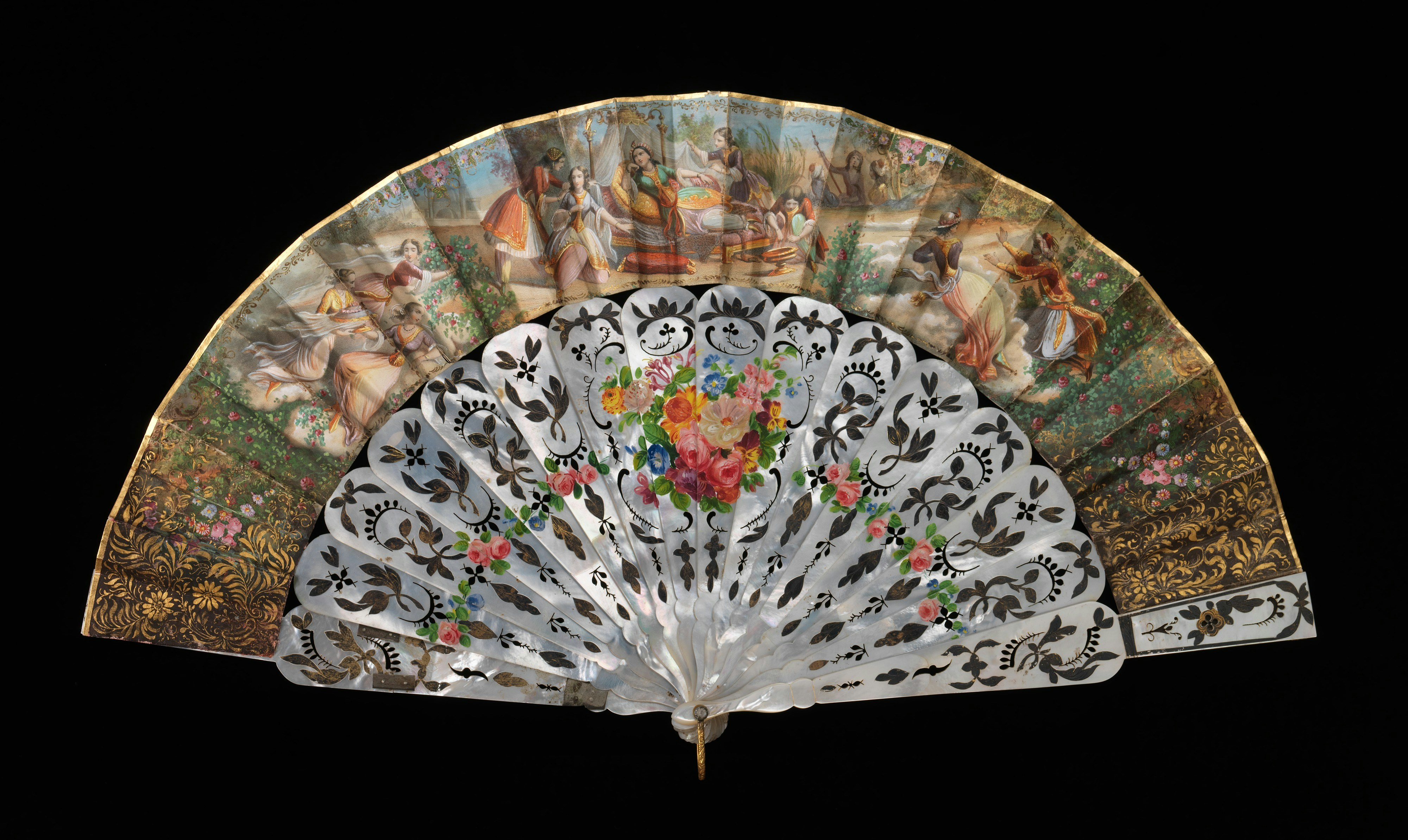 Ornate Heritage: A Painted Fan Unfolded Against Night