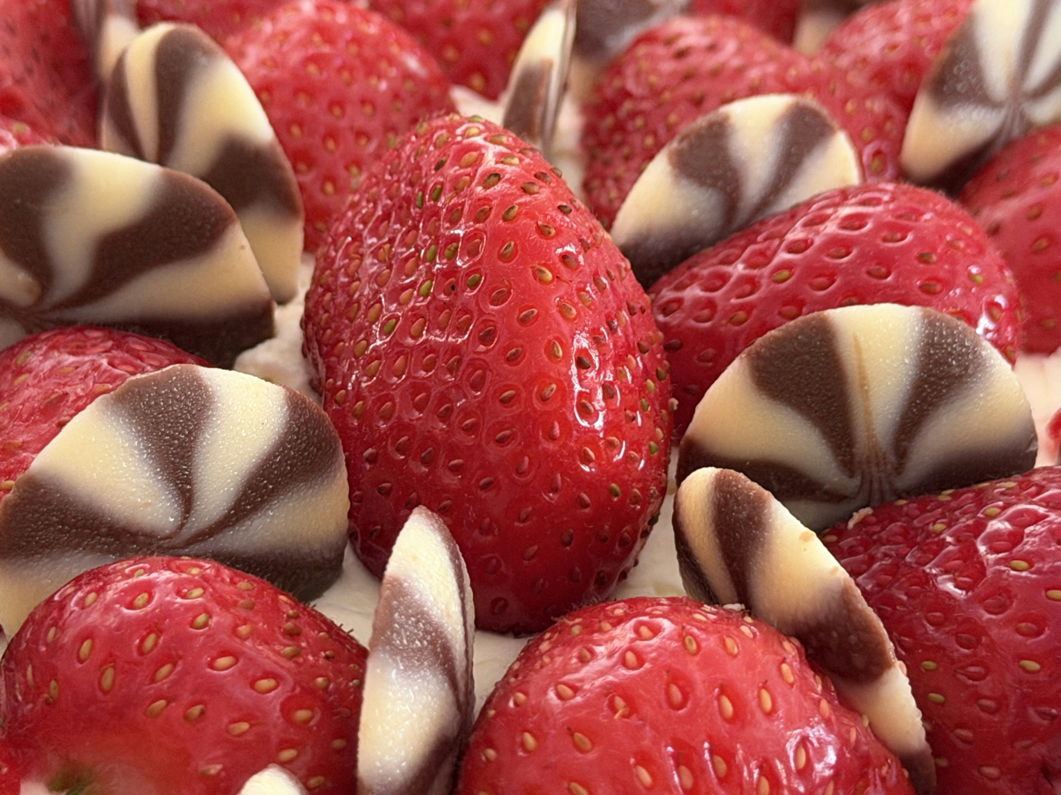 Strawberries and Chocolate Petals: A Close-Up Crimson Mosaic