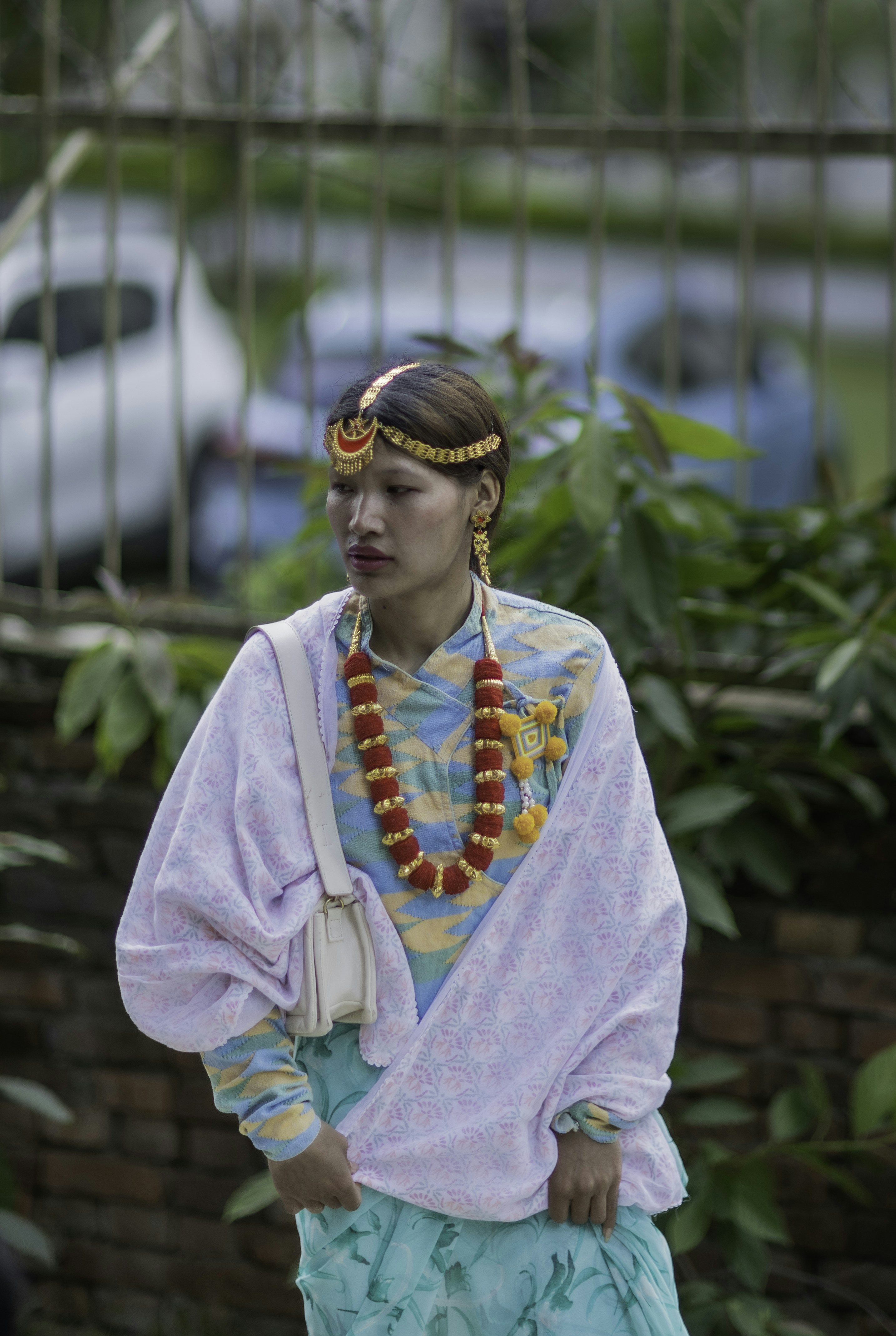 Ornate Grace: Traditional Attire in a Quiet Urban Garden