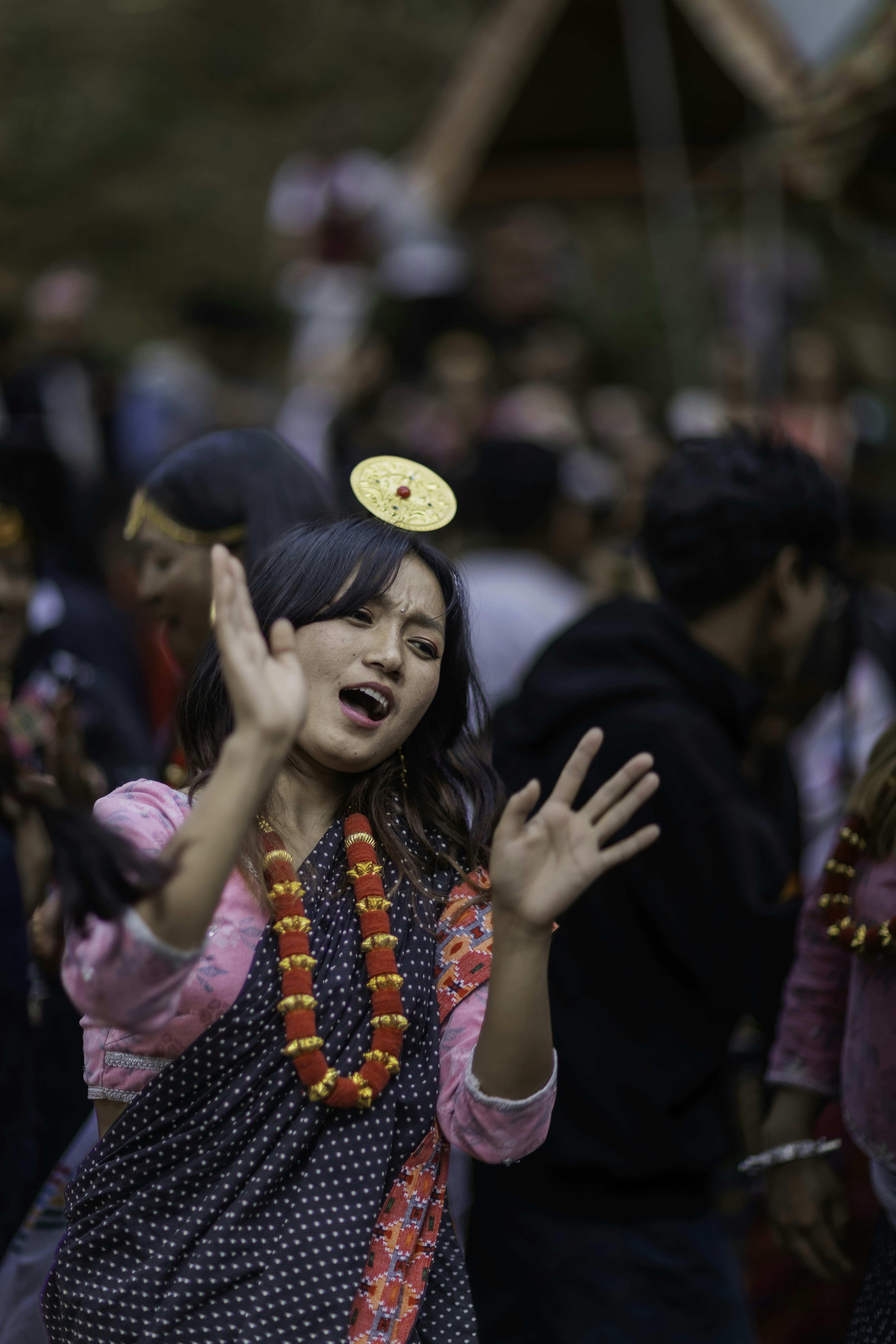 Joyful Dance Freeze at a Colorful Street Festival