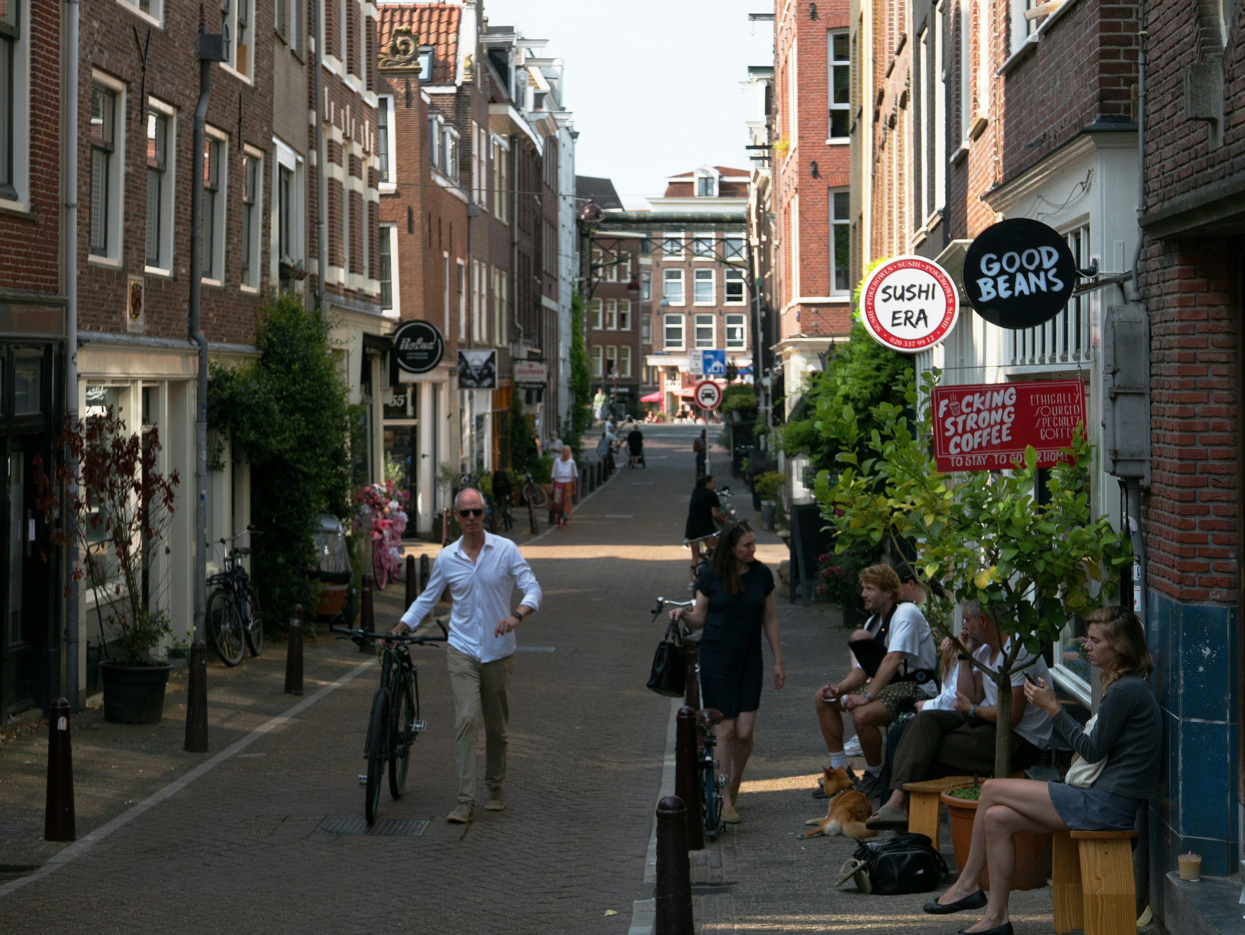 Urban Calm: A Sunlit Street Quietly Awakens Along a Bicycle-Lined Lane