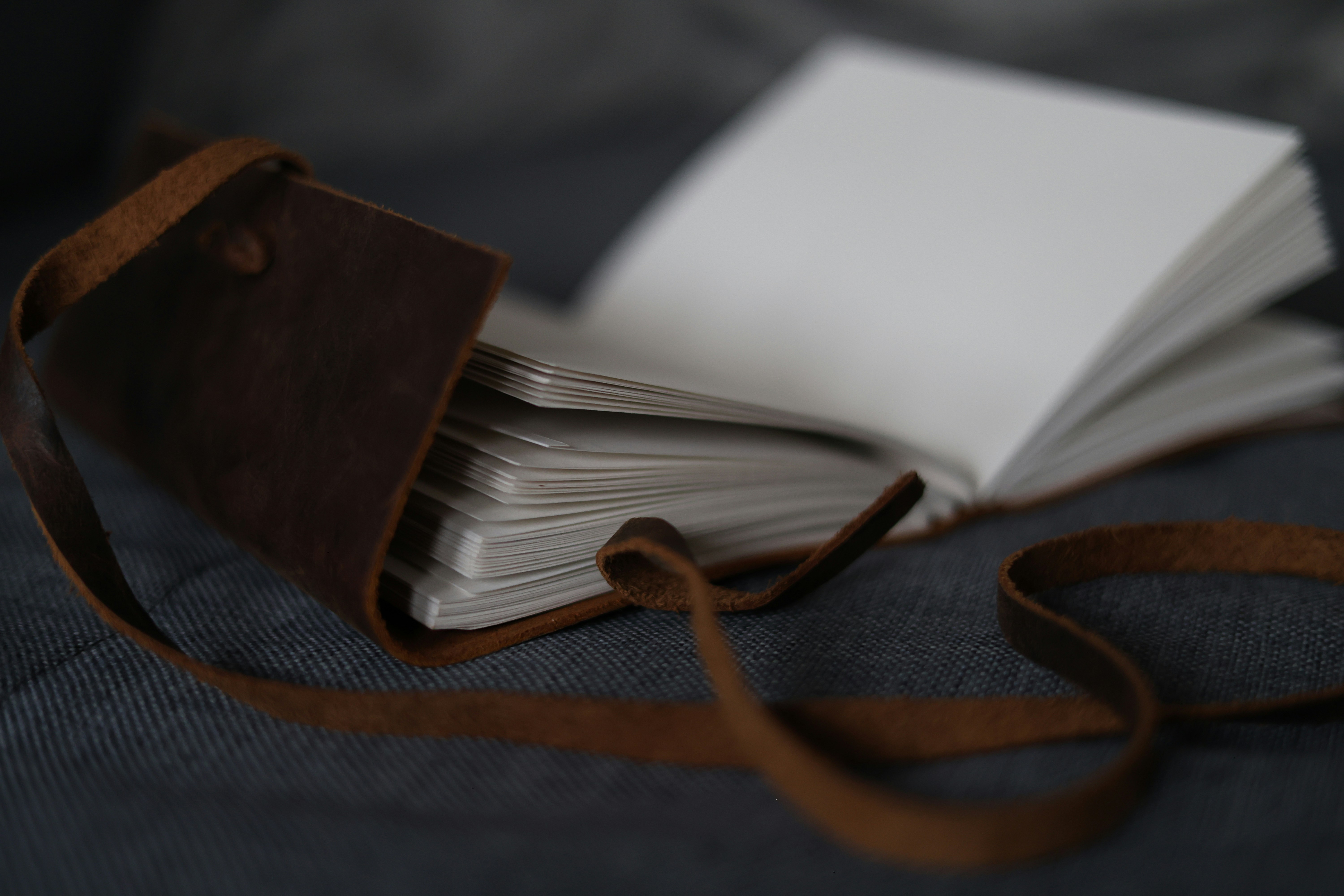 Dark-toned journal with a leather strap lies open on fabric, the soft focus highlighting the white pages and brown binding. A logo-free, minimalist still-life composition.