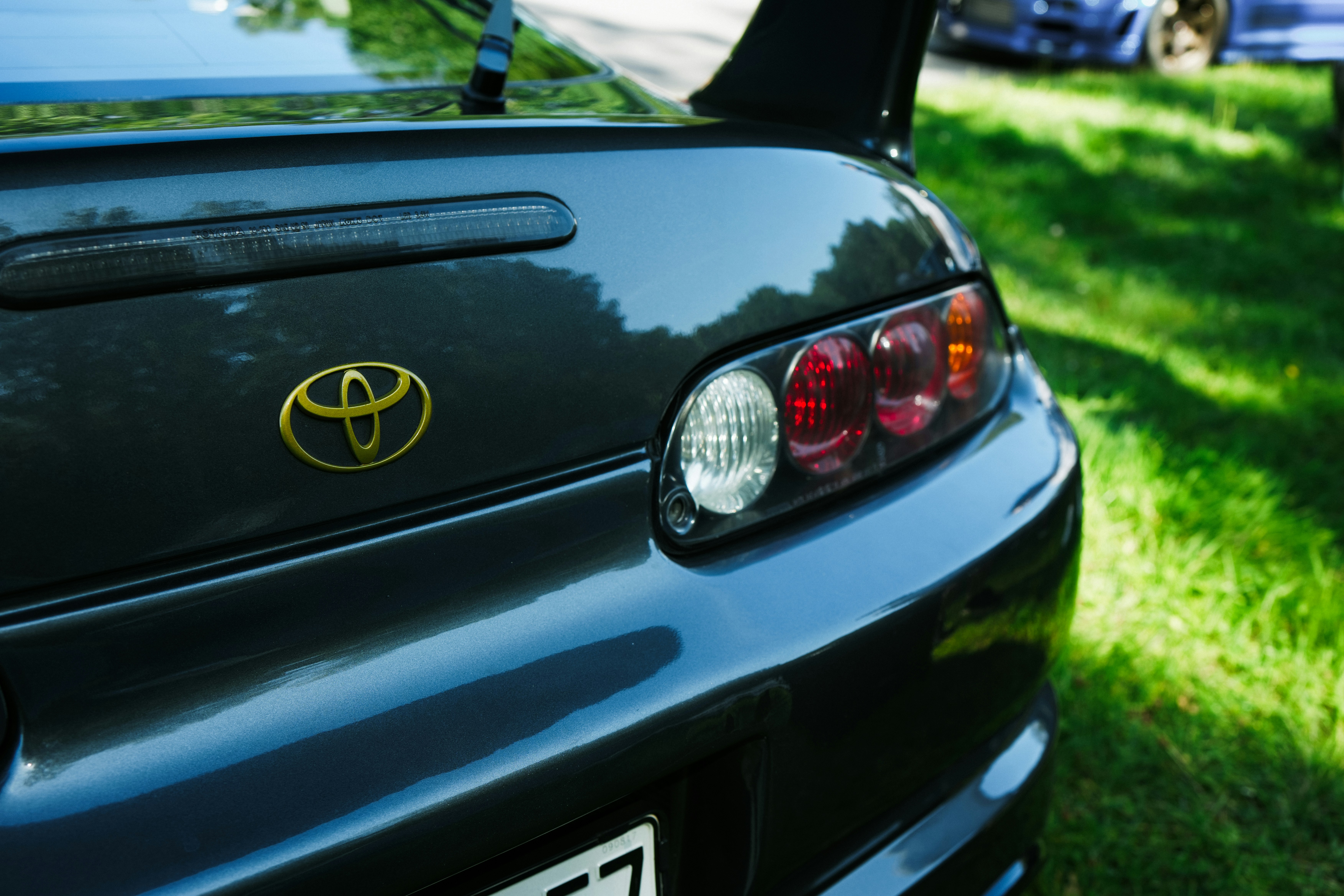 Rear Badge Reflections: A Toyota Trunk in Sunlit Green Meadow