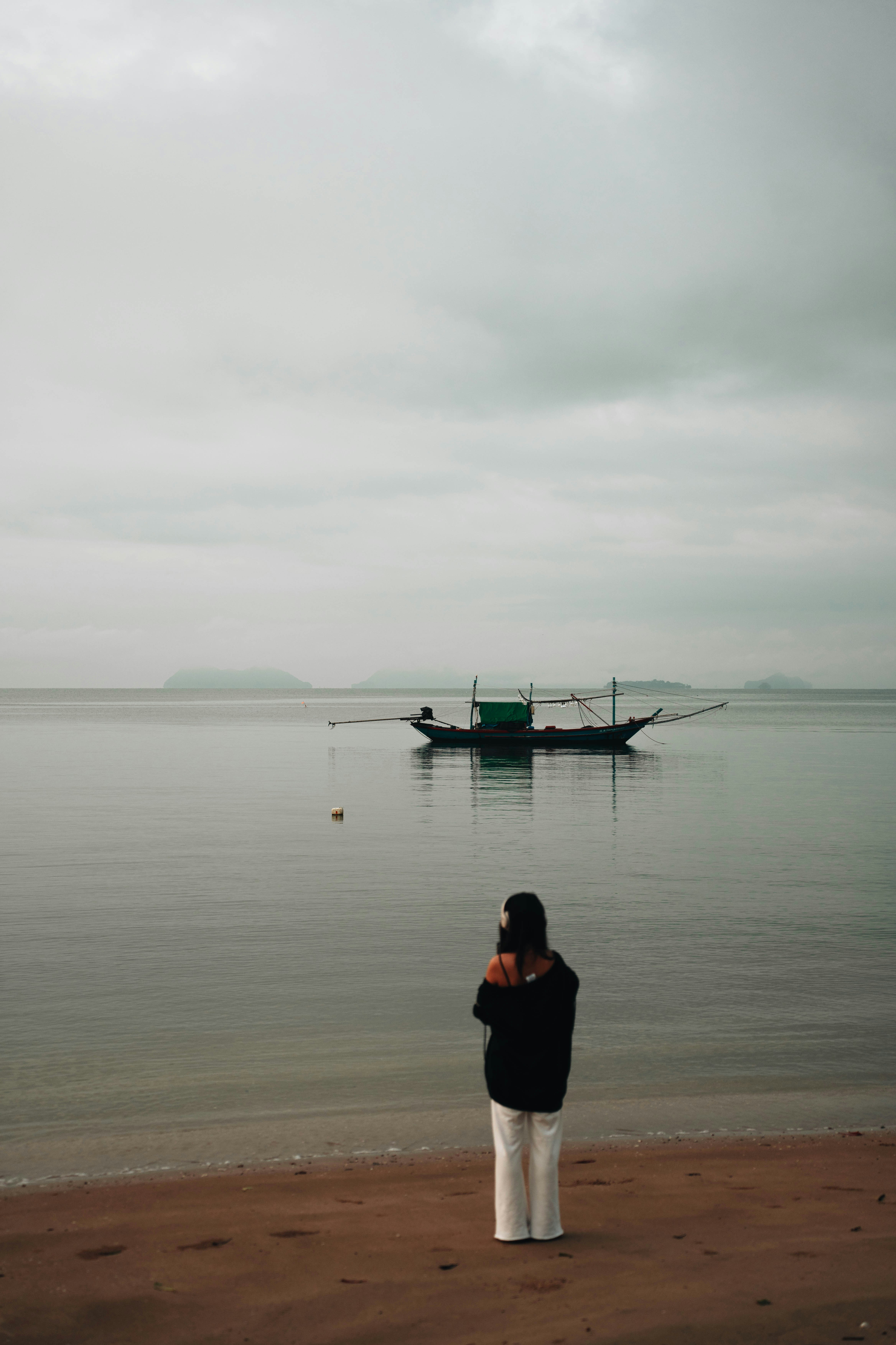 Silhouette at the Shore: A Lone Observer and the Seaborne Vessel