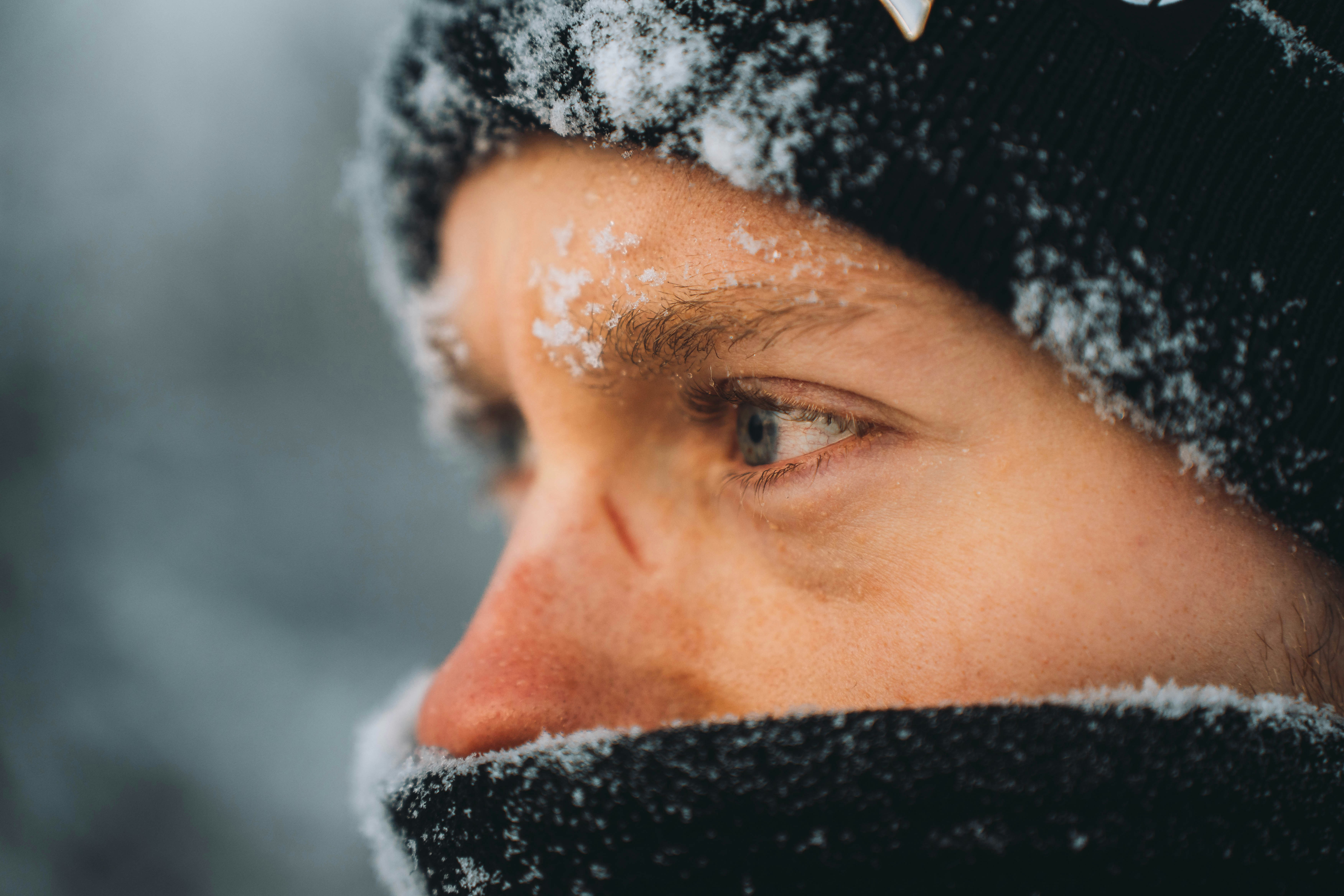 Snow-kissed Gaze: A Quiet Moment in Cold Air