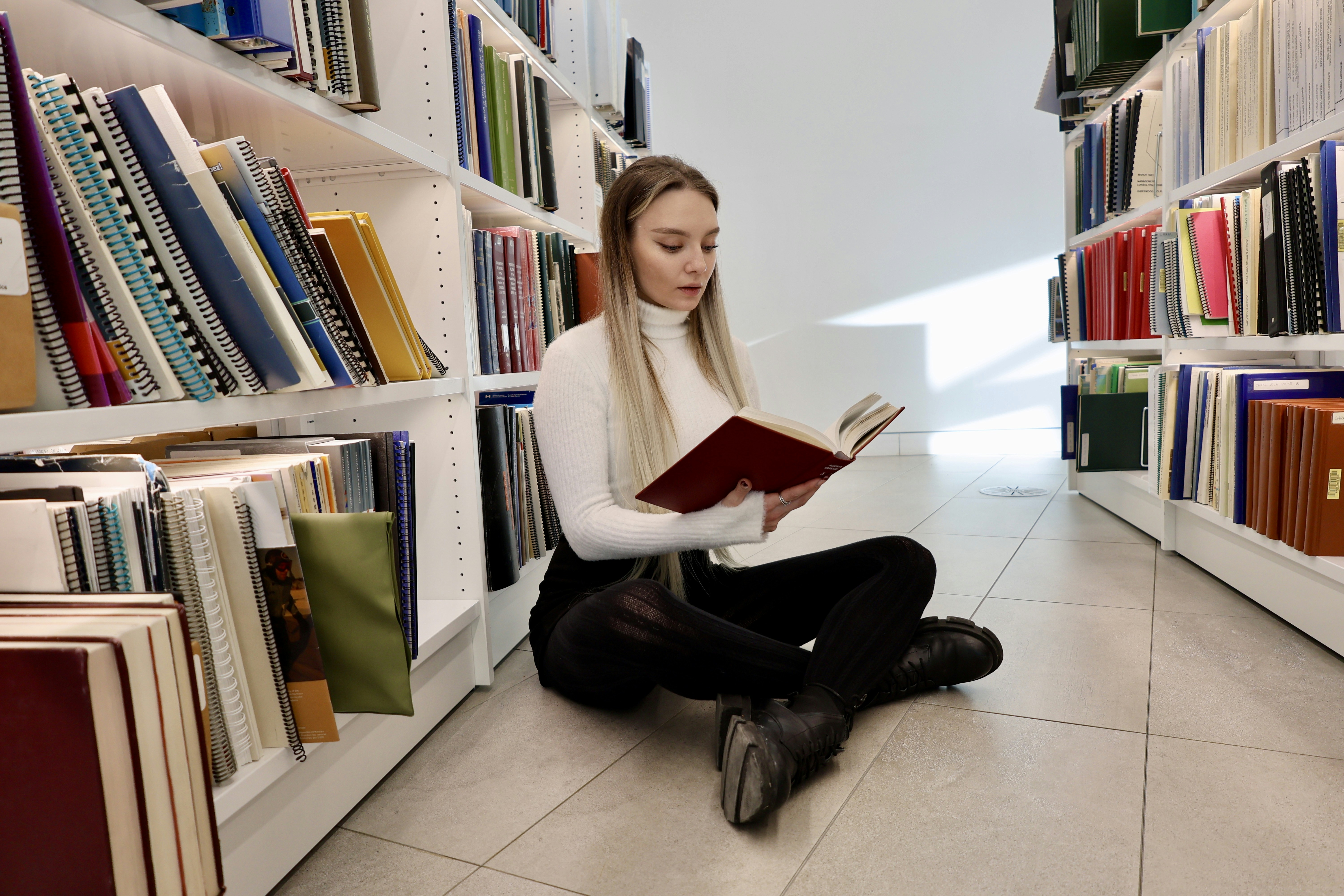 Quiet Study: a lone reader nestled between shelves in a sunlit library
