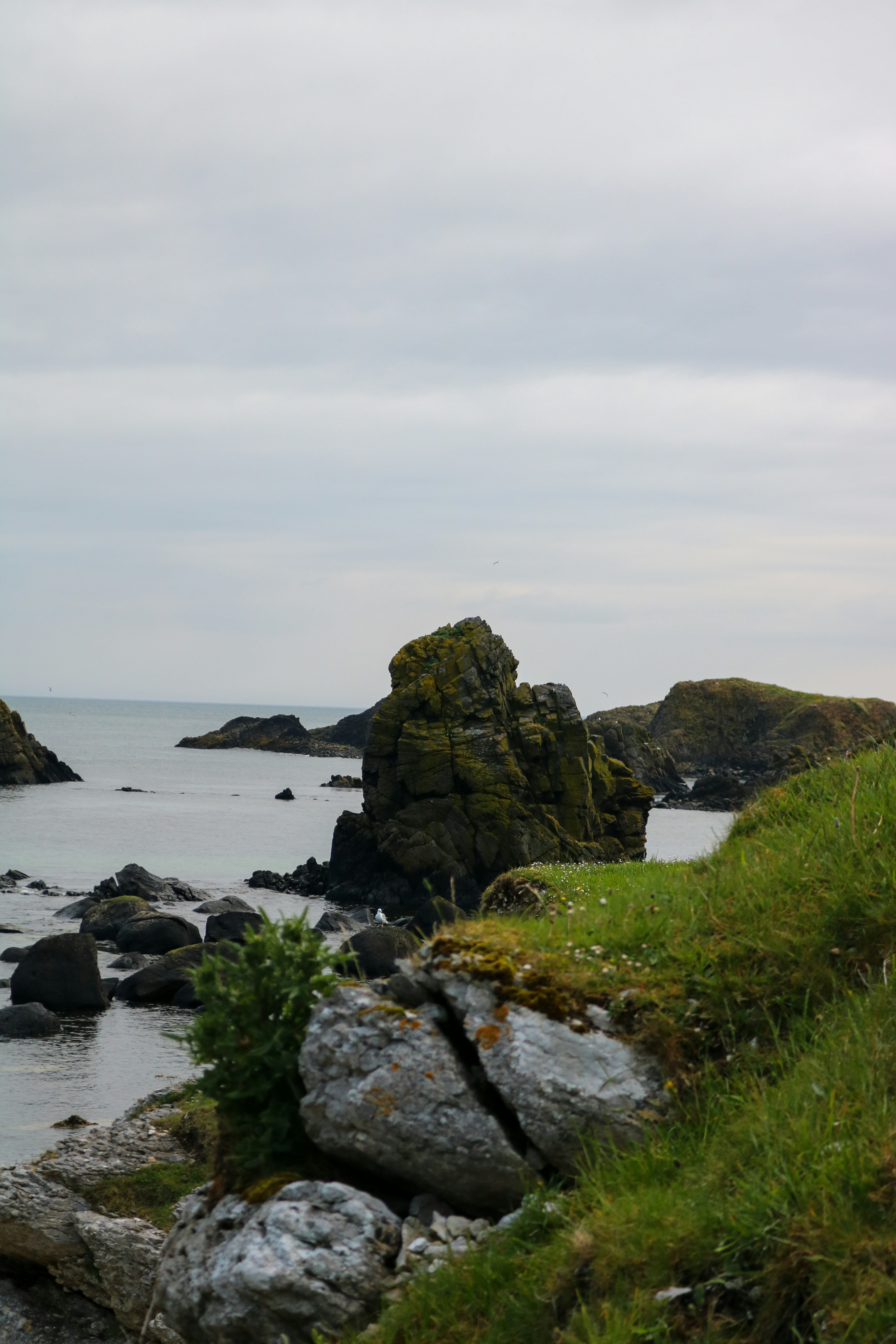 Rocky sentinels by the sea under a soft overcast sky