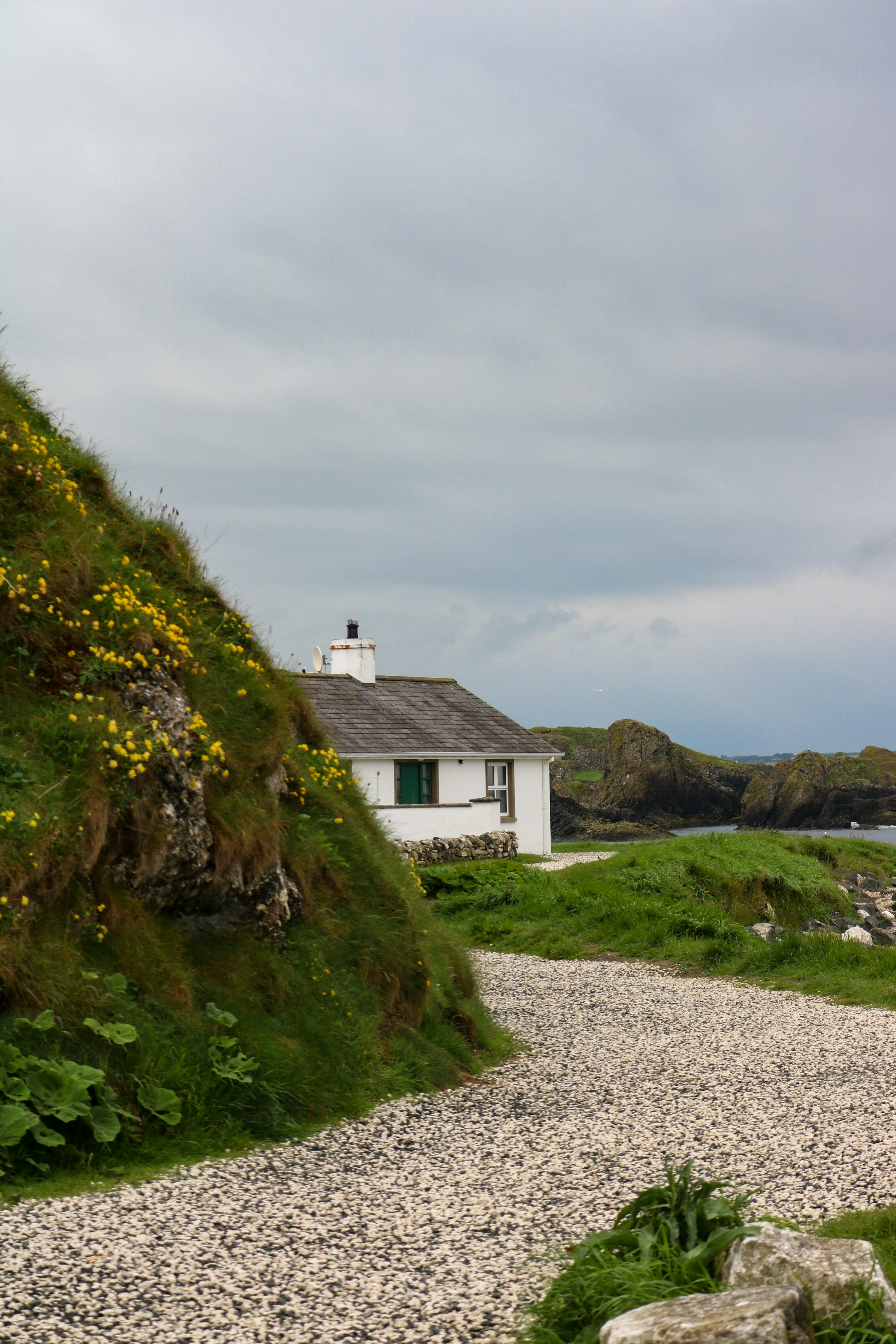 Coastal Cottage on a Pebble Path under Windy Skies