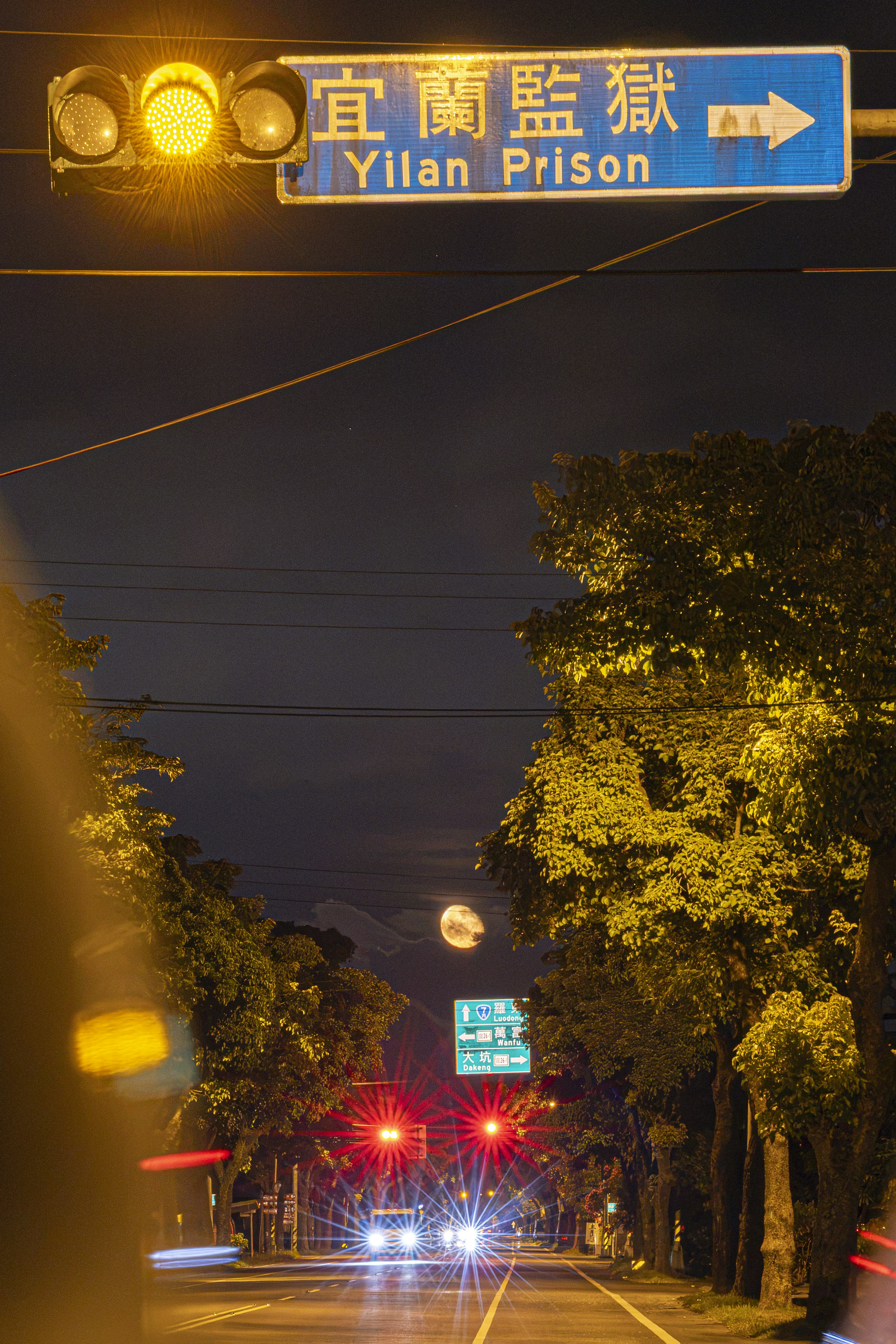 Moonlit Street Sign Over Yilan: Nighttime Traffic, Trees, and Red Signals
