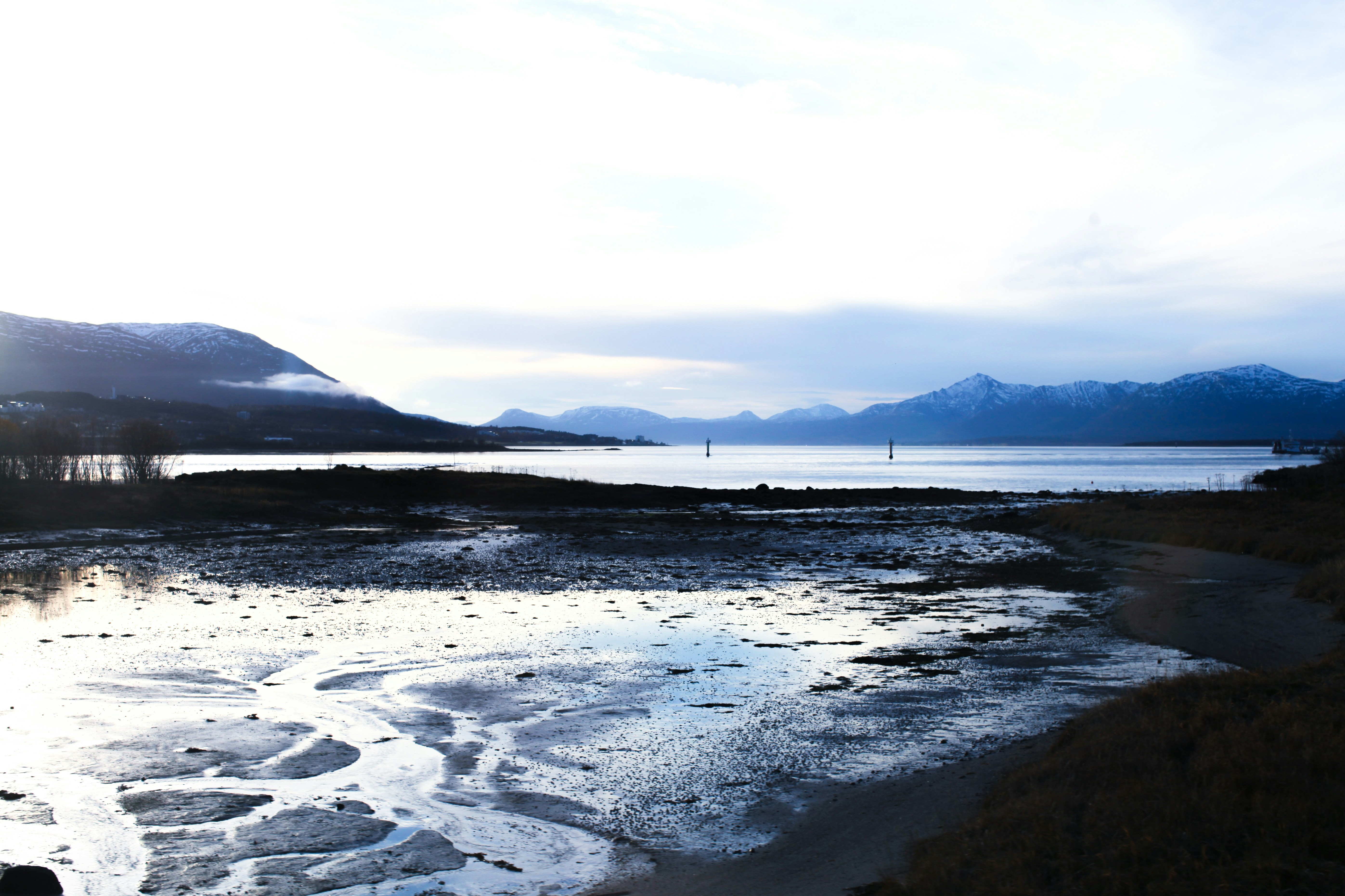 Glacial Fjord at Dusk: Snow-dusted Peaks Meeting a Quiet Shore