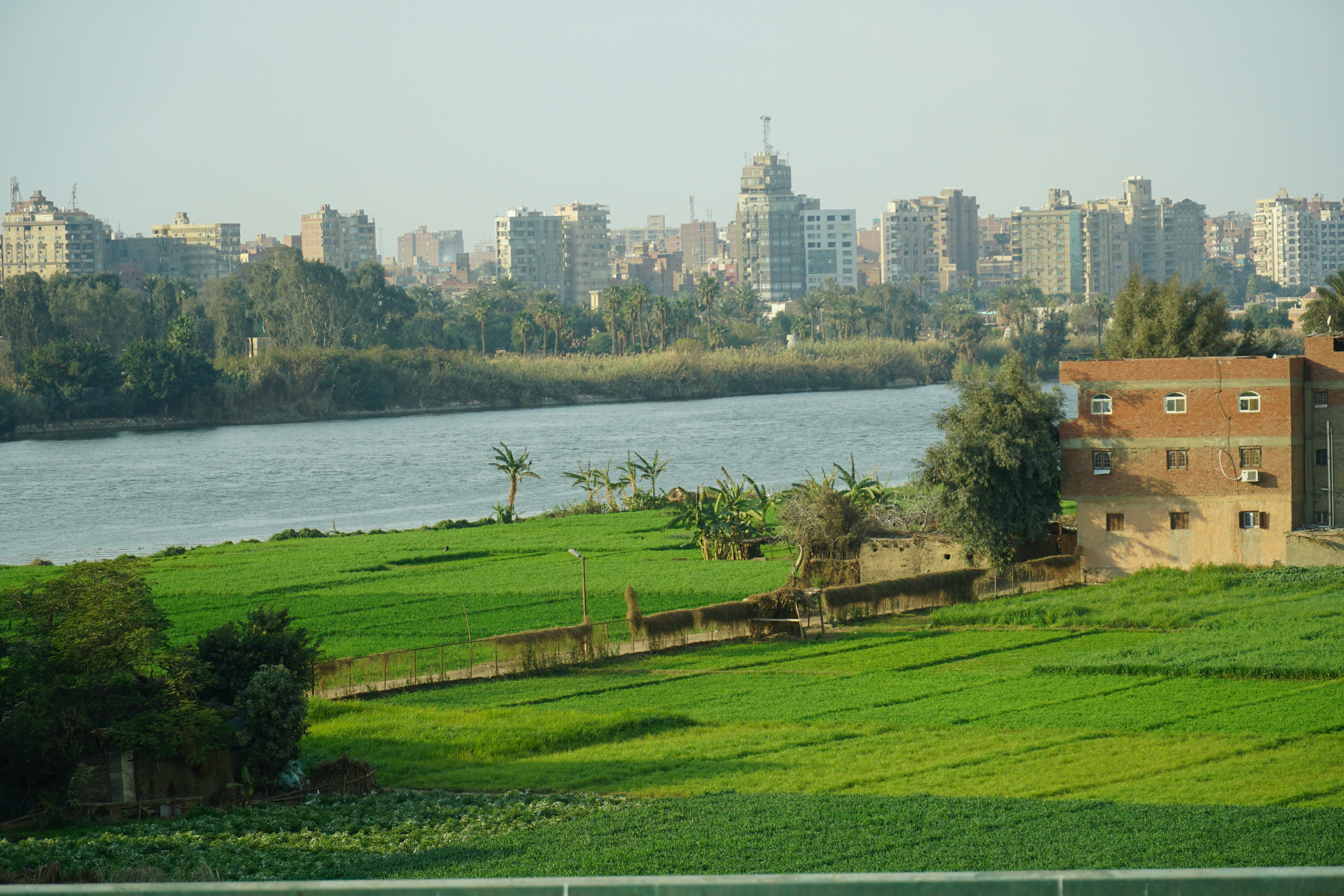 Green fields fringe a calm river with an urban skyline in the distance; brick structures occupy the right foreground, while distant city blocks rise along the horizon.