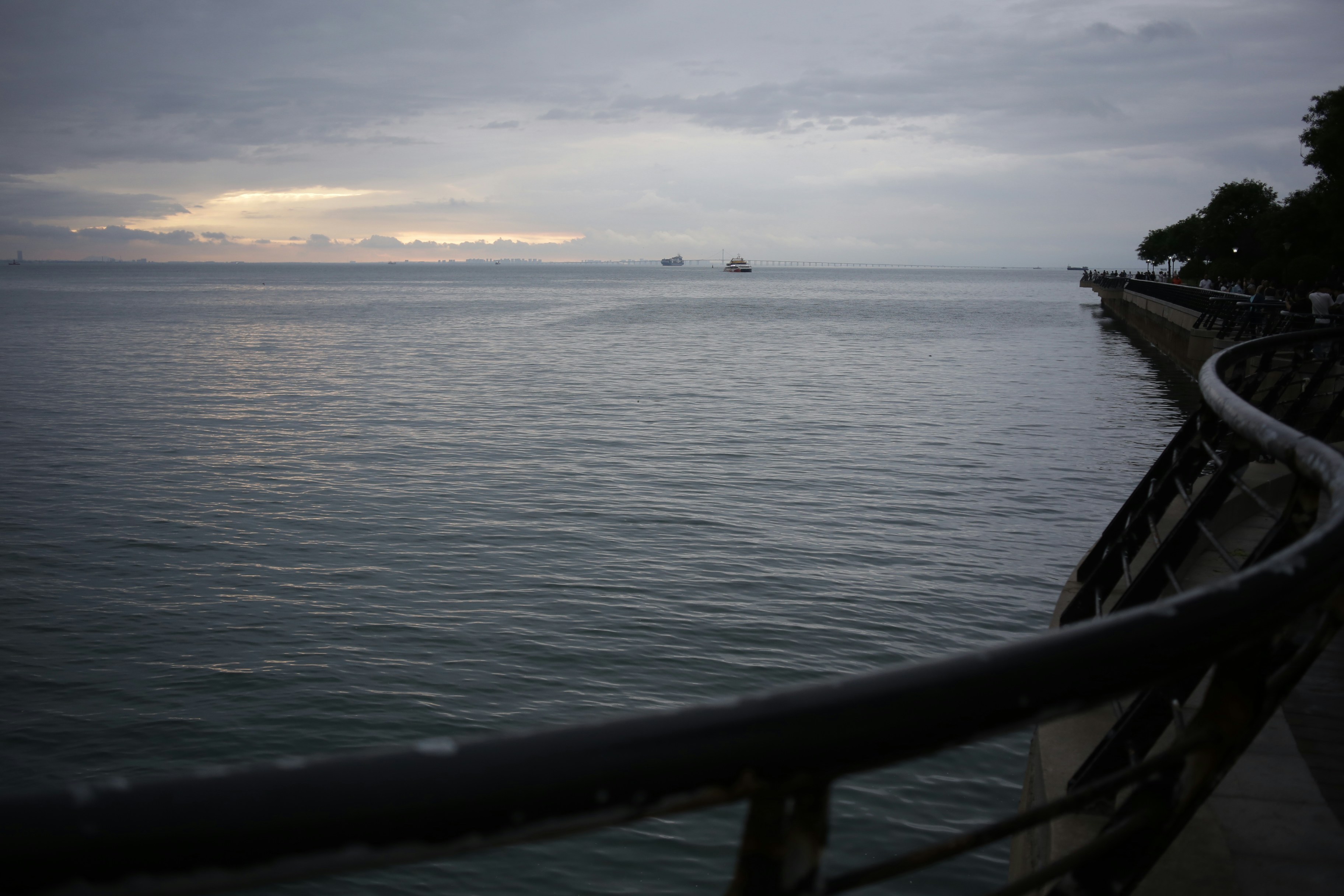 Distant ships on a calm horizon beyond a curved seaside railing