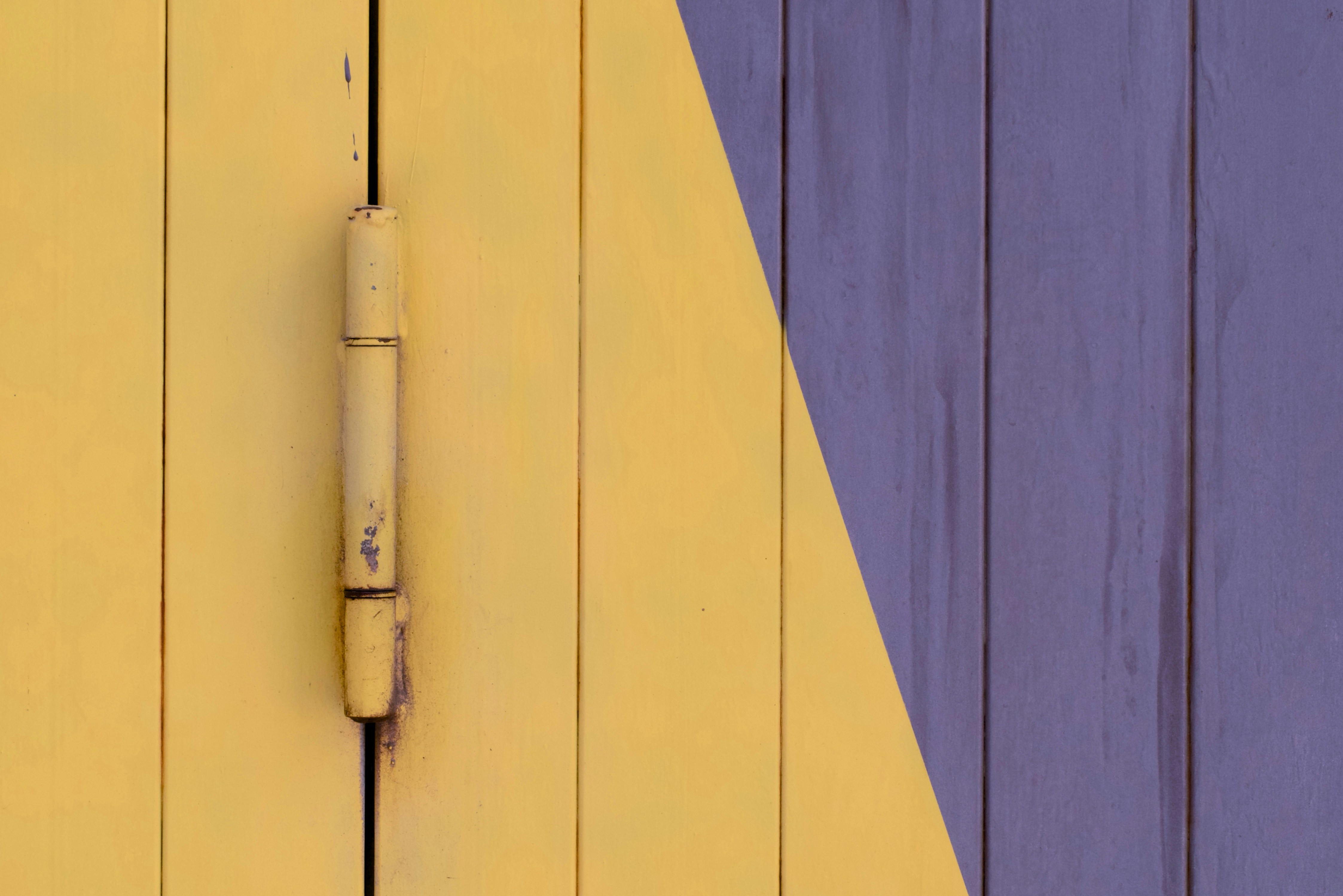 Diagonal Colors: Yellow and Violet Door Panels with a Central Hinge