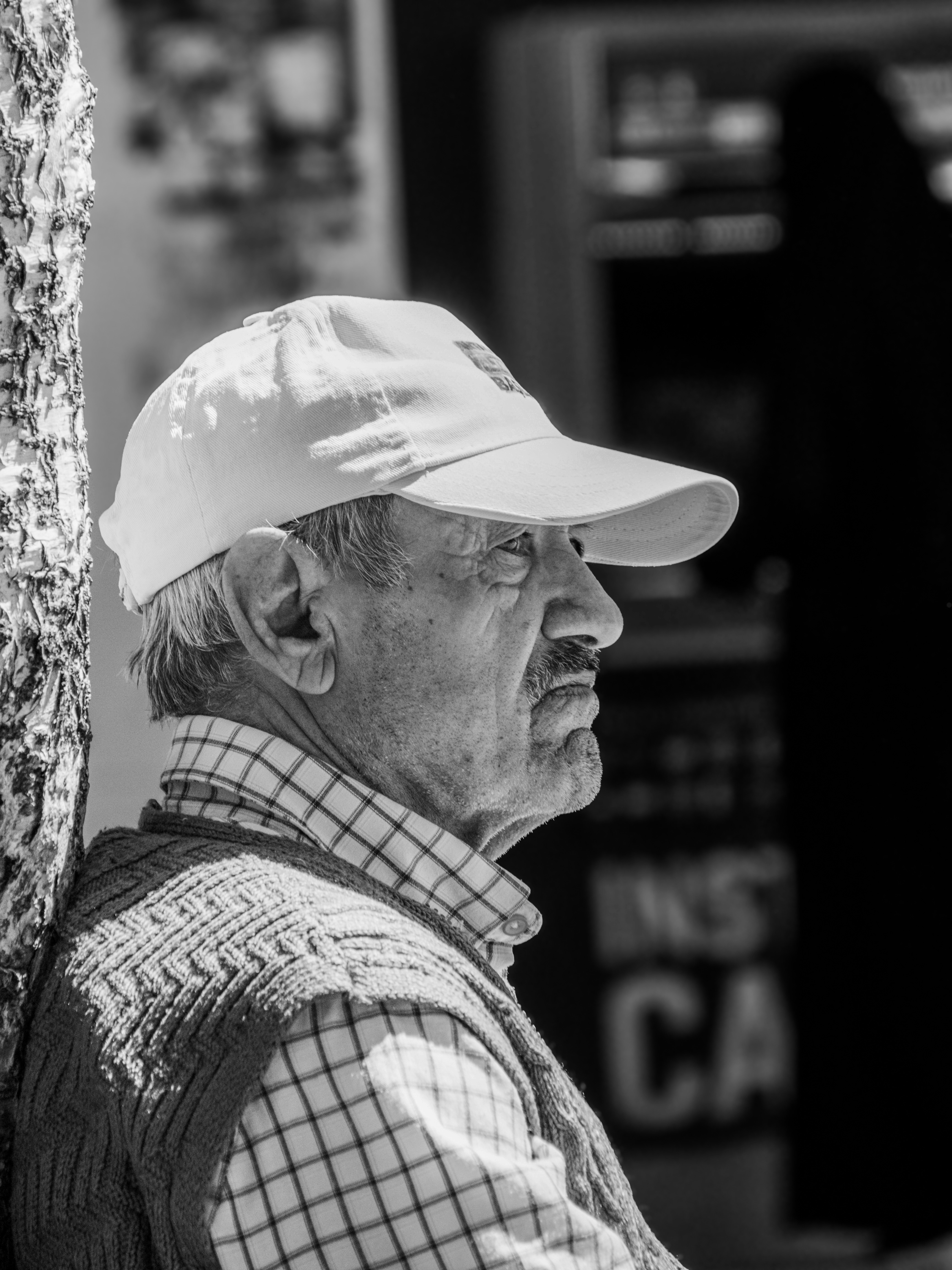 Side Profile of a Weathered Elder: Quiet Dignity by the Tree