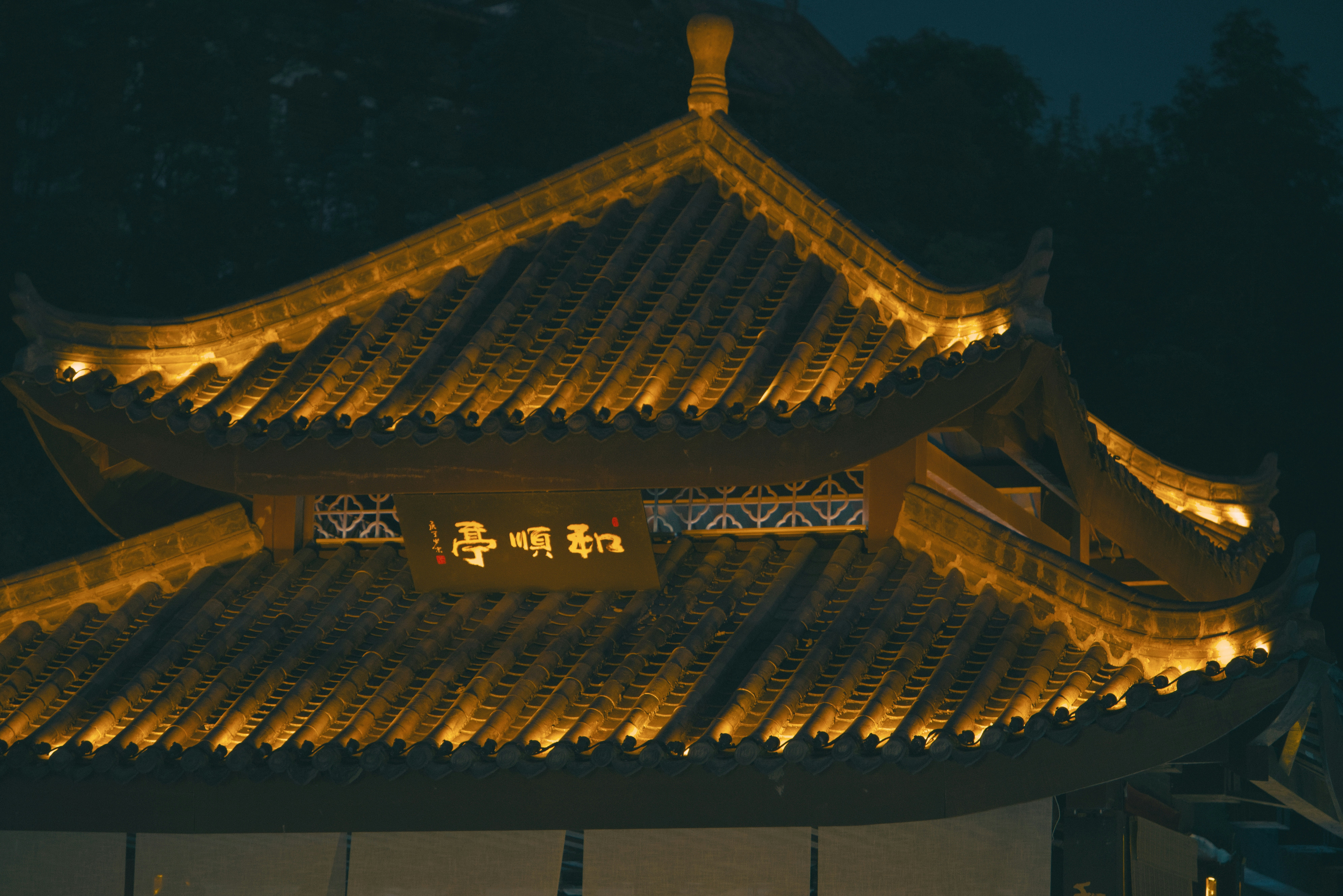 Golden Roofline Under Moonlit Eaves