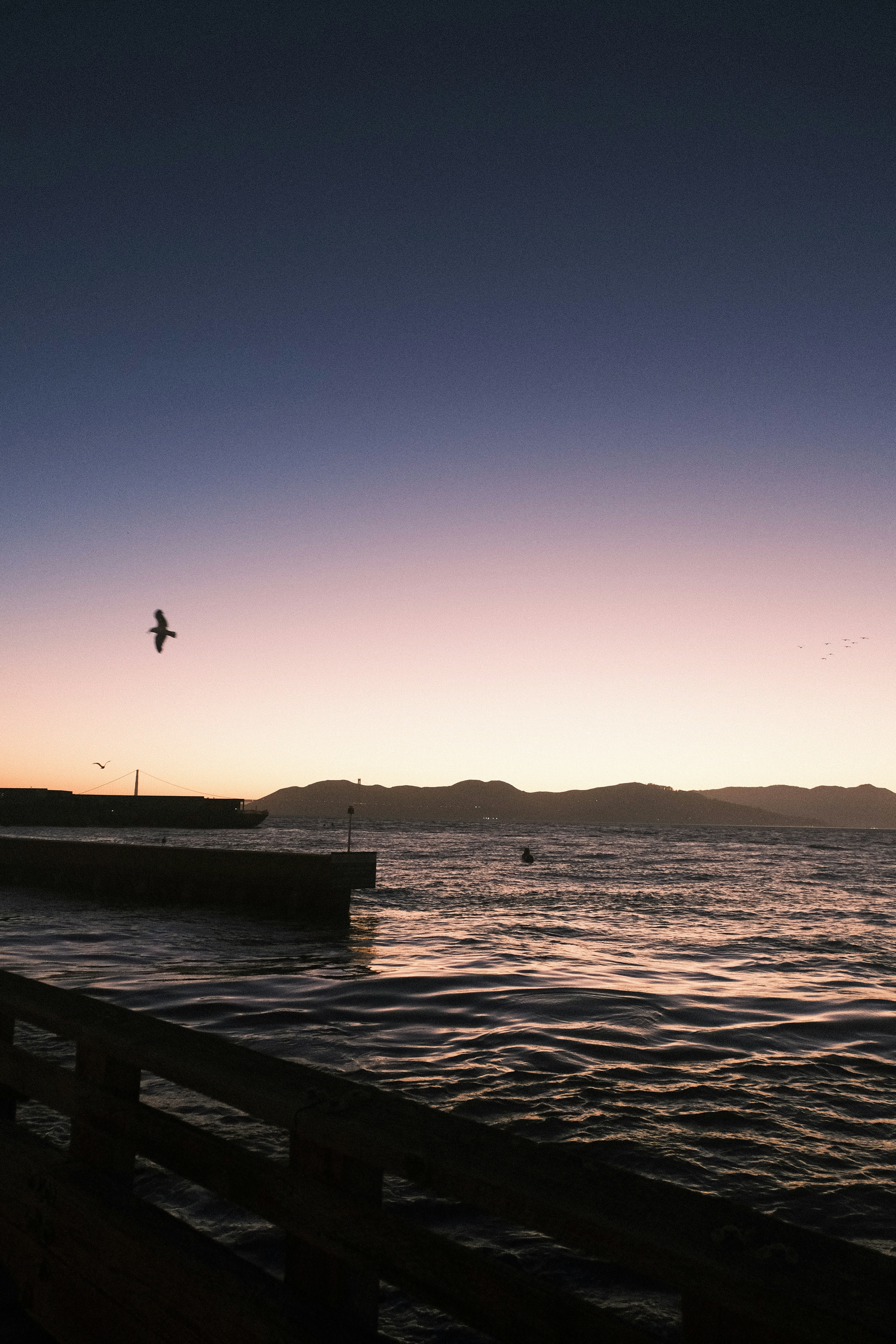 Dusk Over the Harbor: silhouettes, water, and distant hills