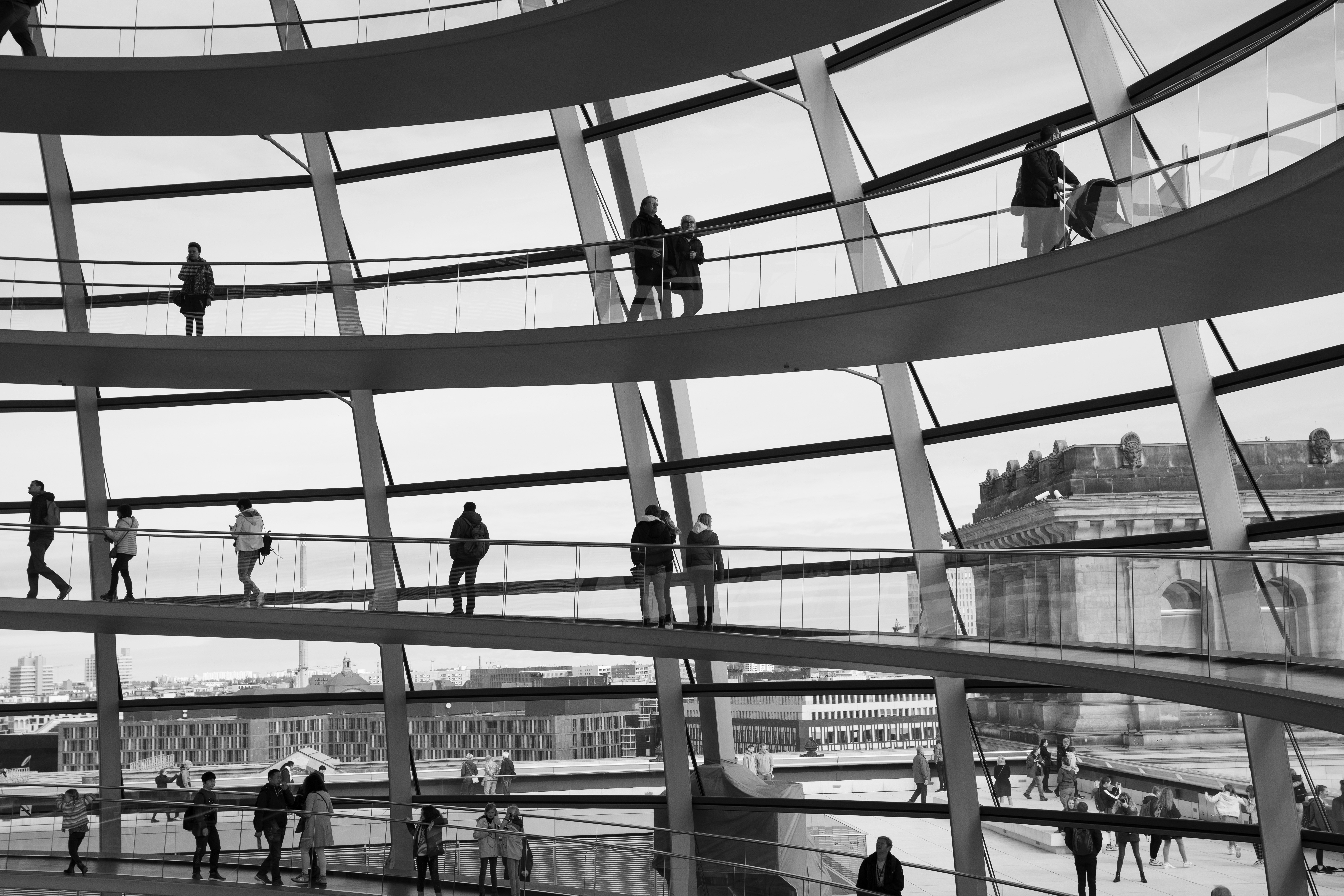 Spiral Walkway Portrait: People on the Curved Glass Rings