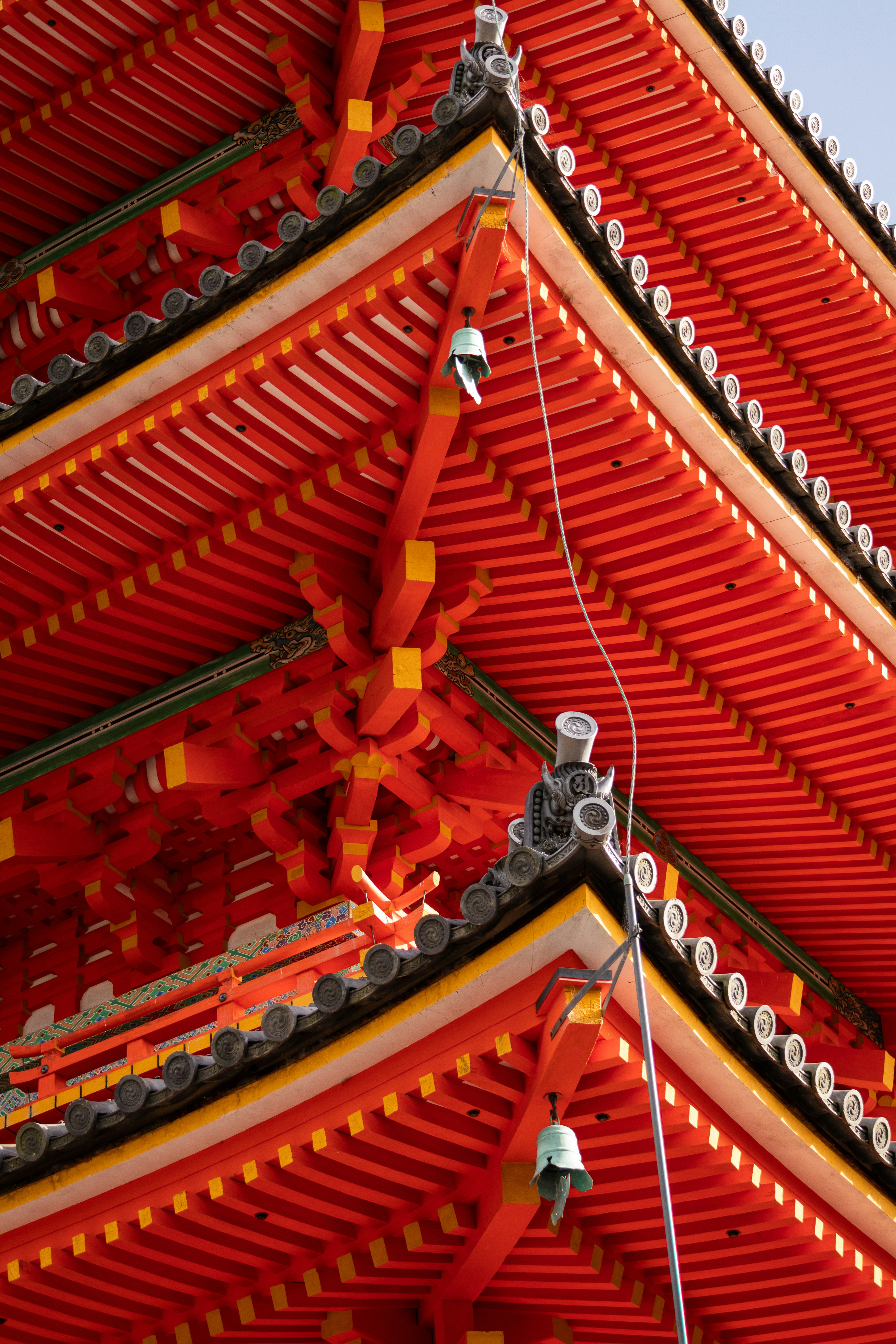 Crimson Rooflines: A Close-up of Ornamented Eaves and Hanging Bells