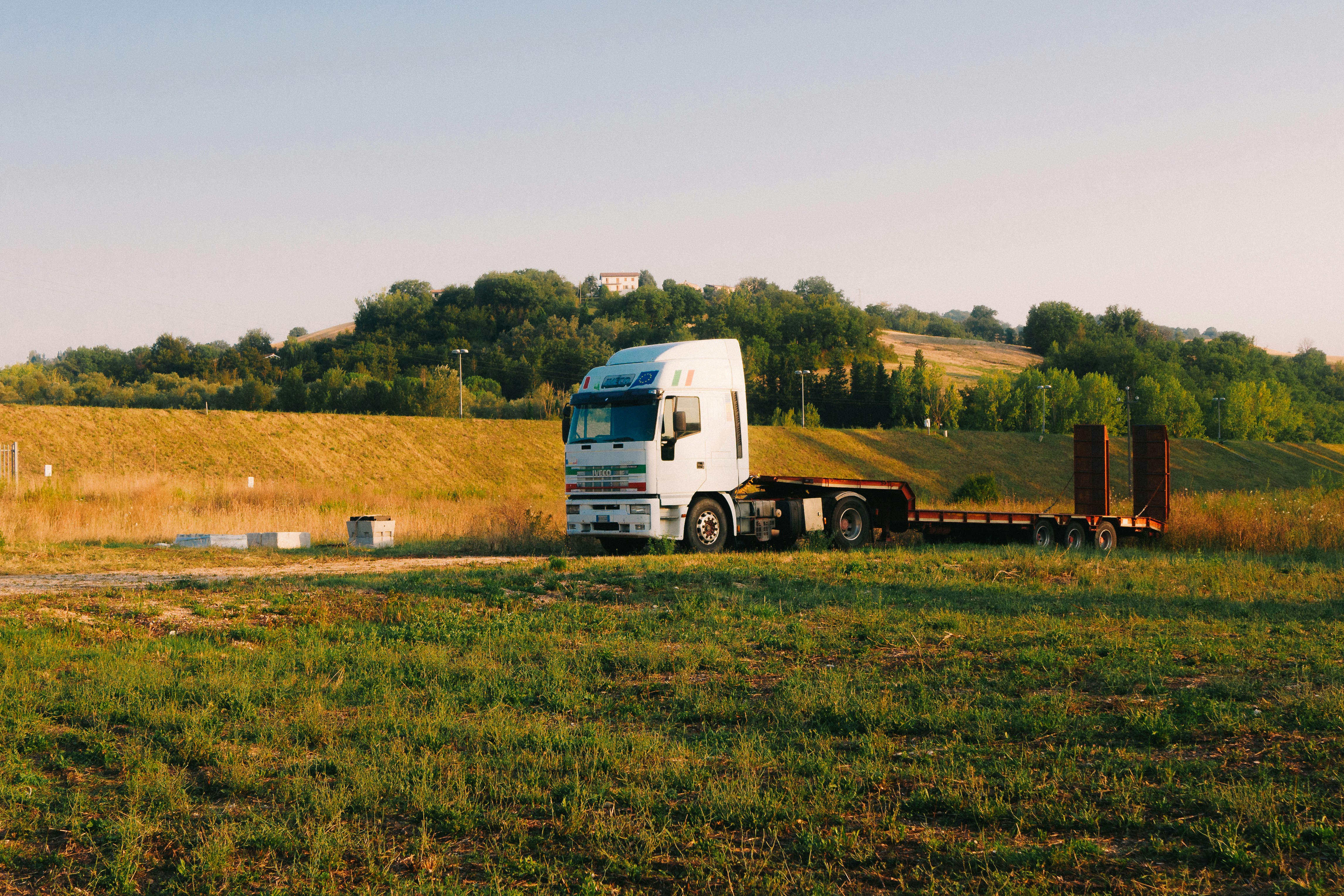 Idle Colossus: A White Truck Pausing in a Sunny Field
