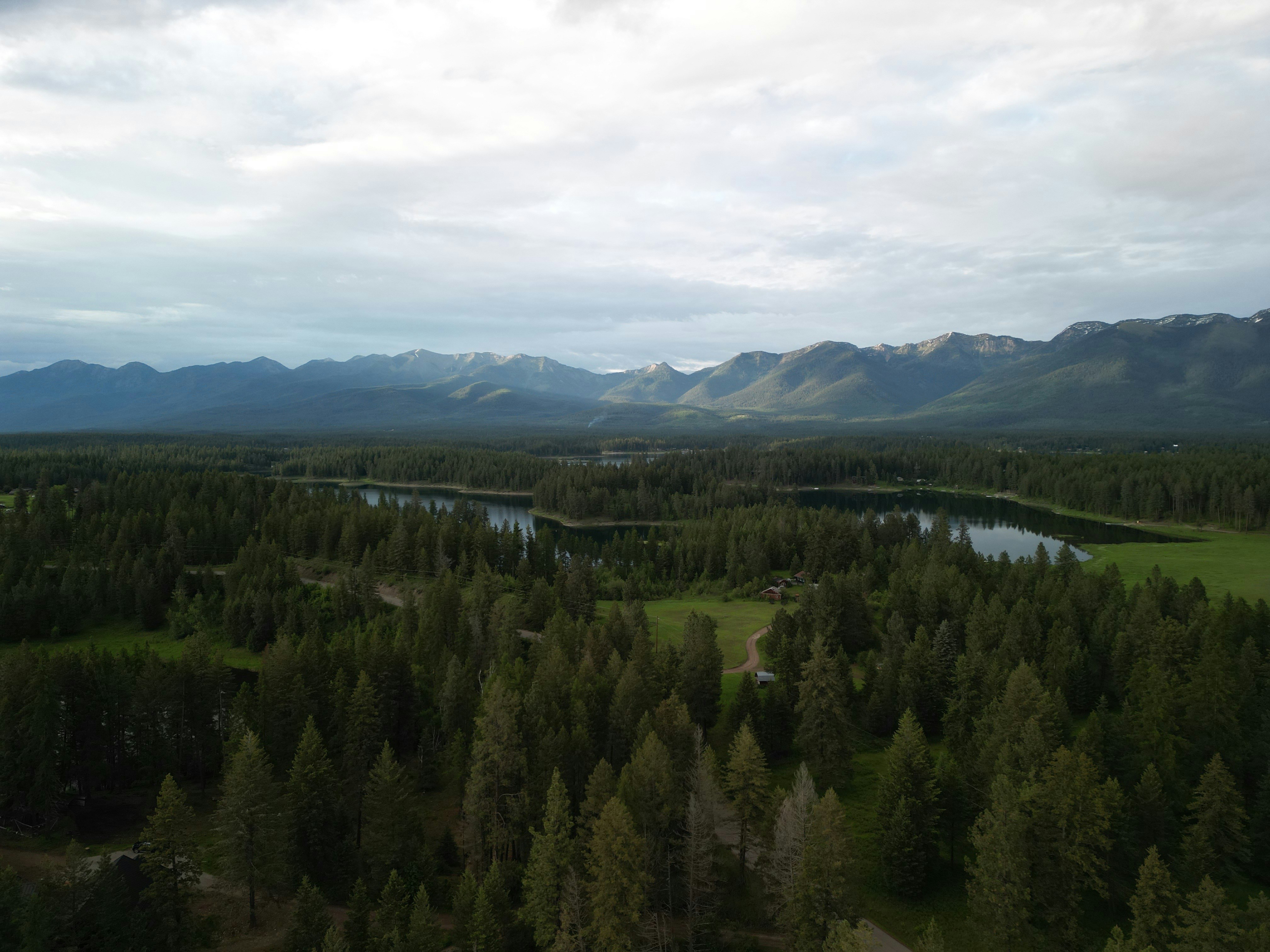 Expansive forested valley with a winding river and distant mountain range under a cloudy sky.