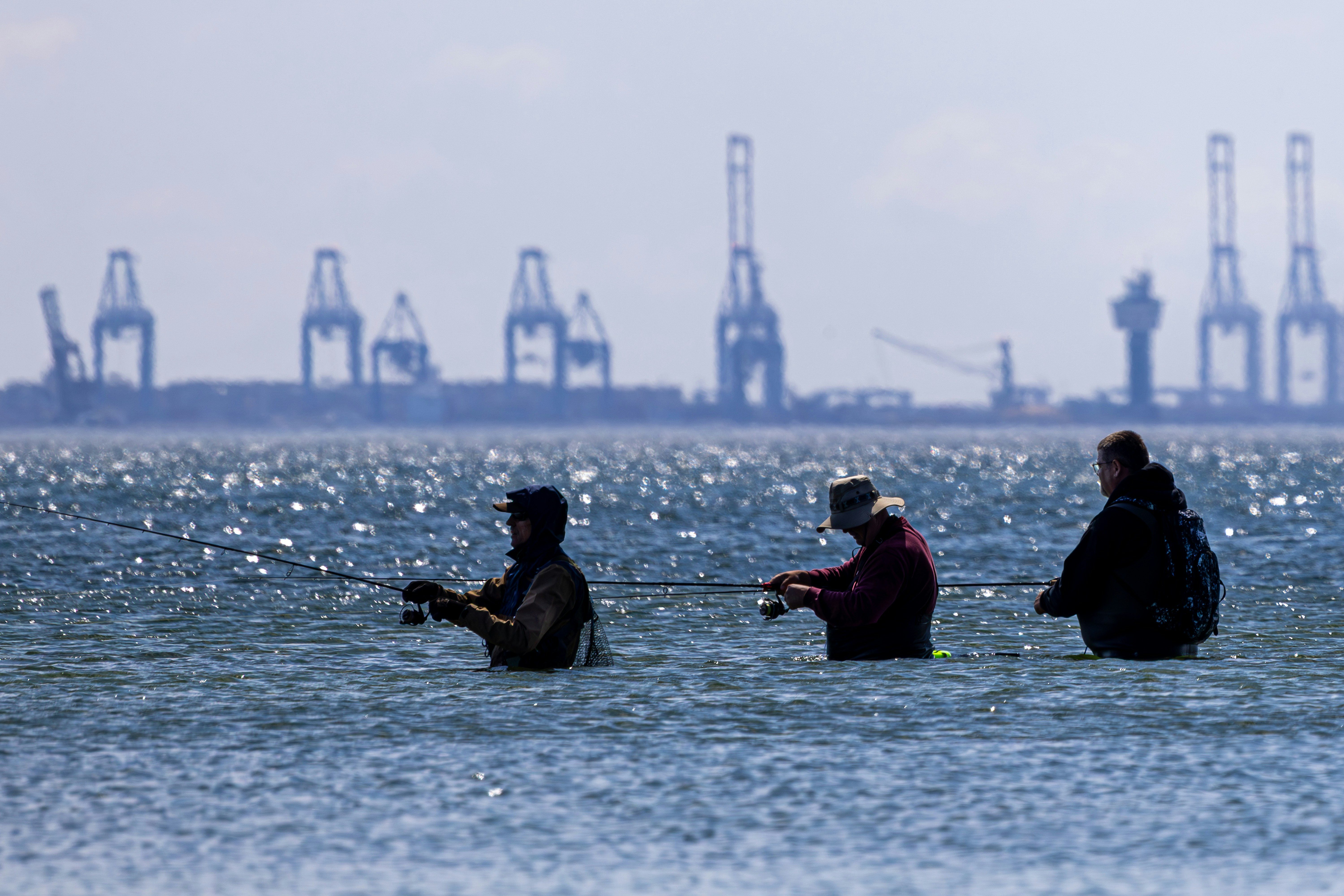 Fishermen in Low Tide: Lines of Work Against a Port Horizon