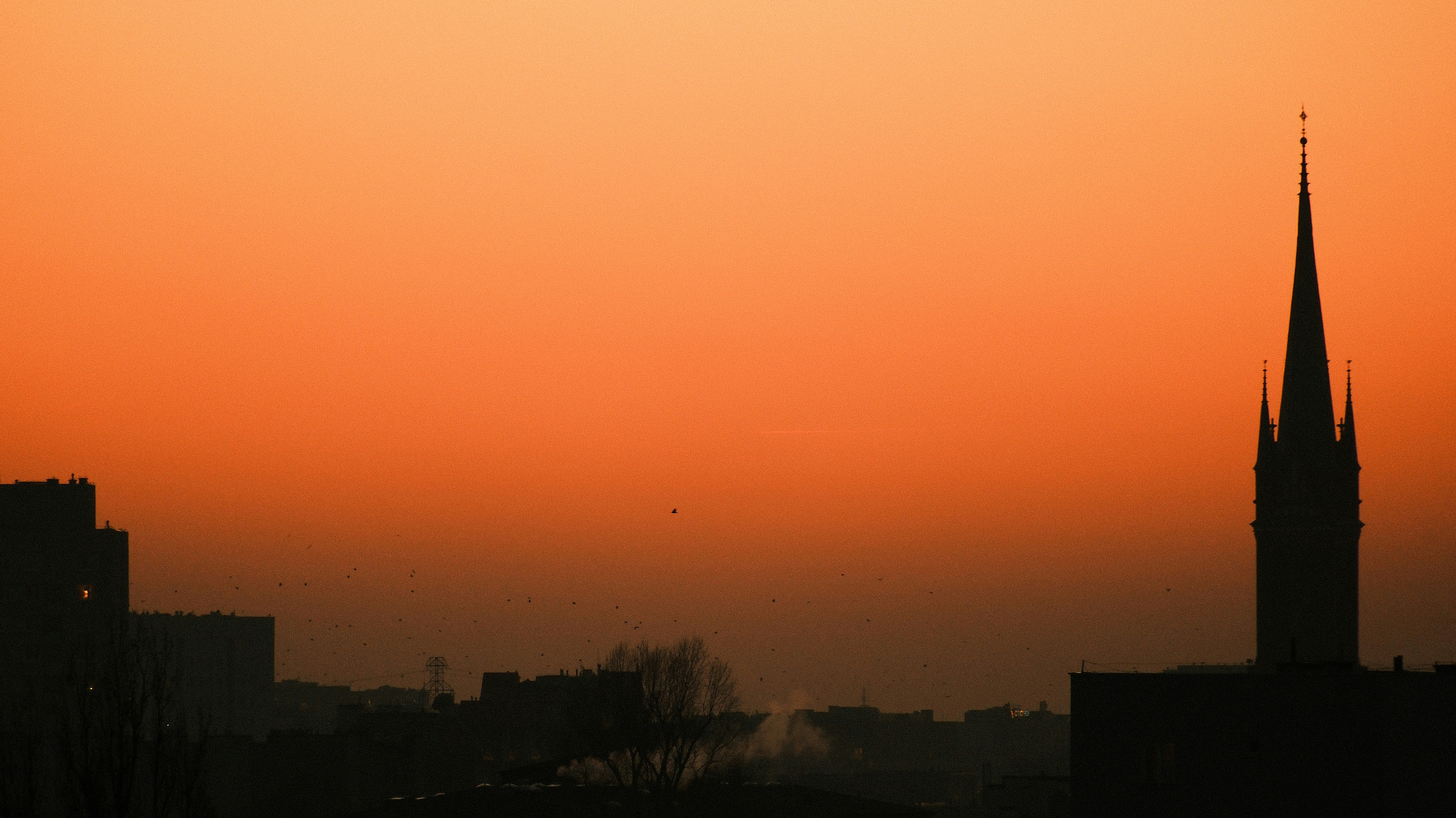 Silhouette of a City Spire at Dusk