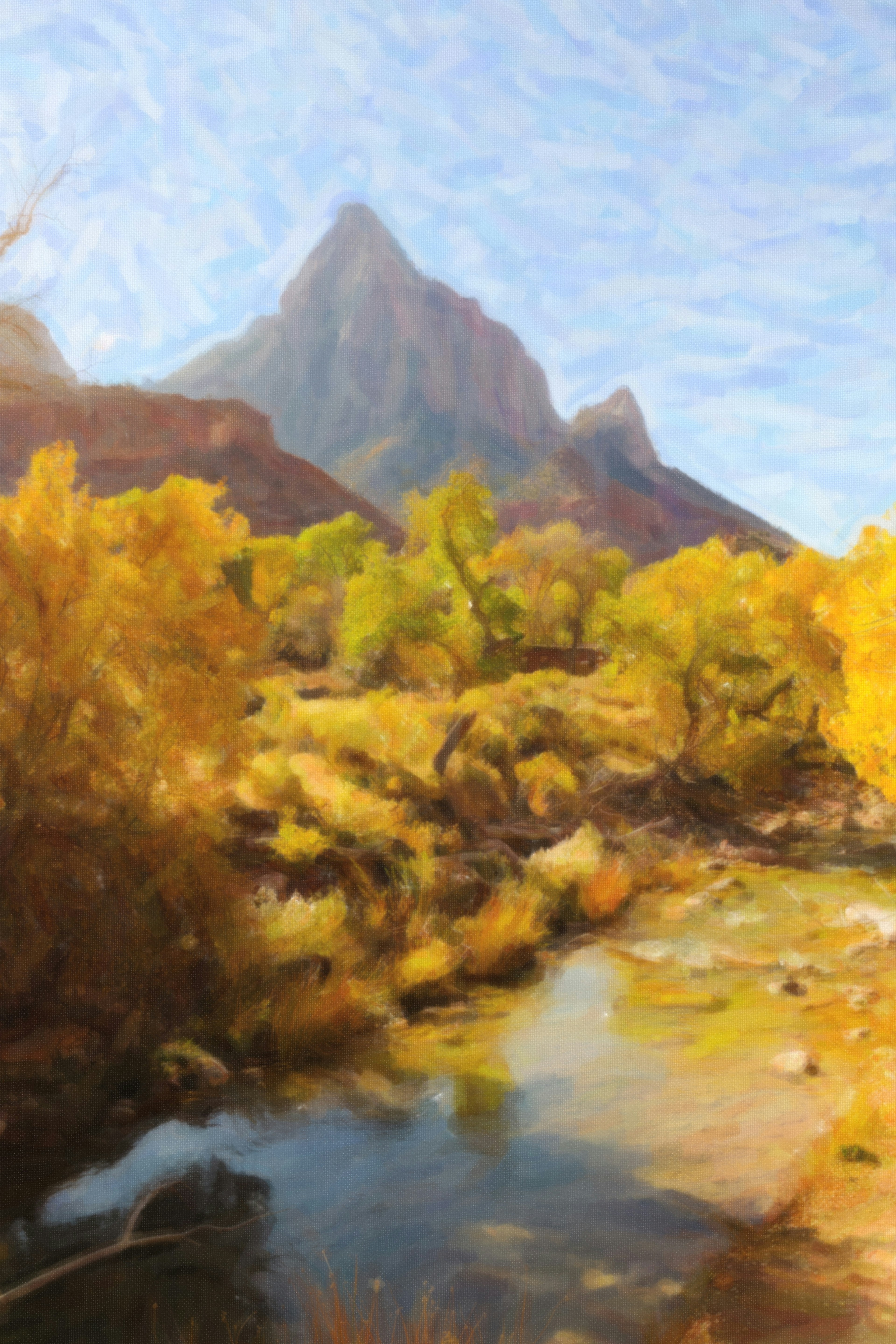 Painterly autumnal river valley with a rugged peak in the distance and golden trees lining the banks.