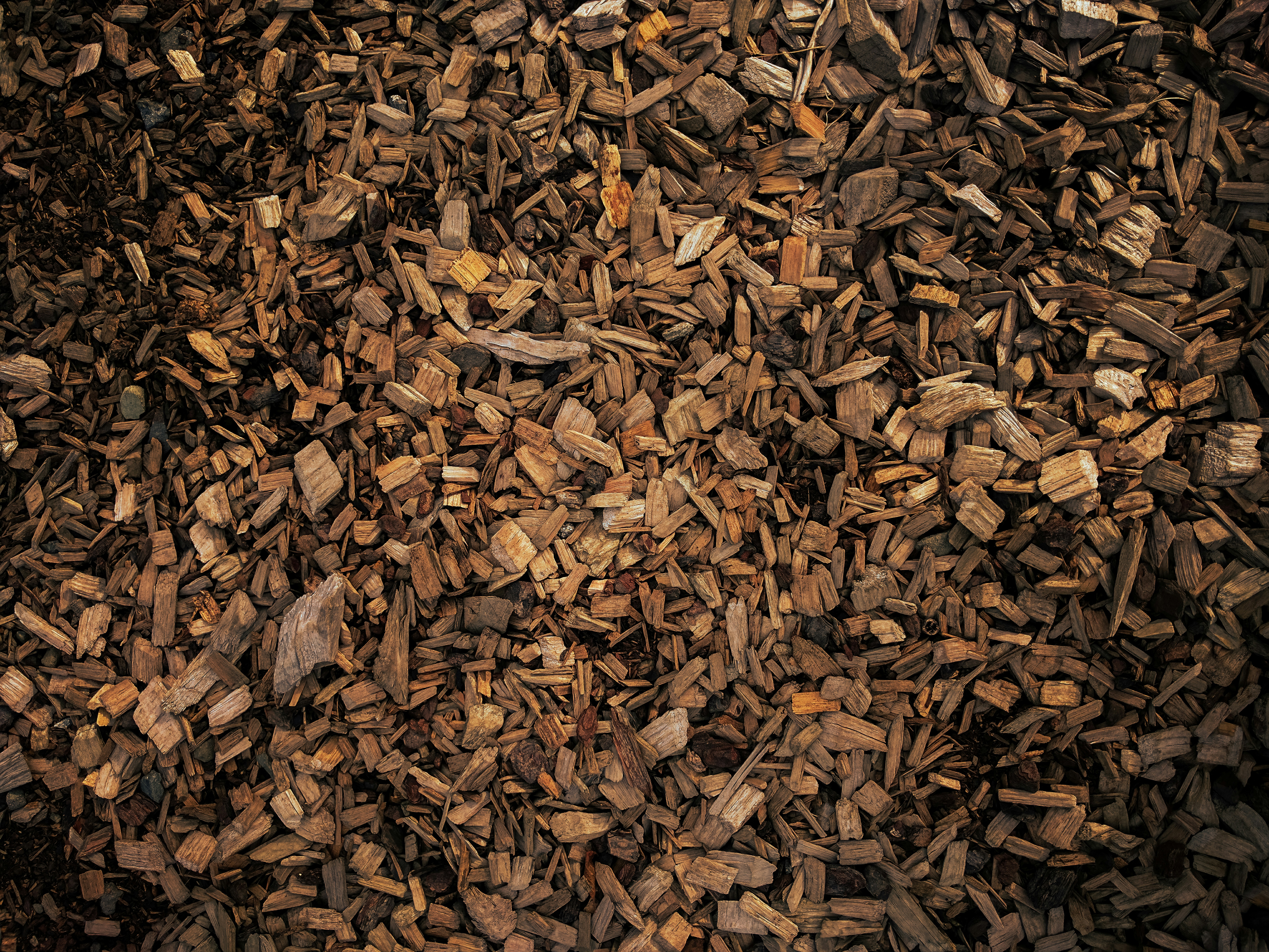 Close-up of a dense bed of wood chips and bark in warm brown tones, highlighting granular texture and natural pattern. This is a macro-like crop showcasing the material's surface.
