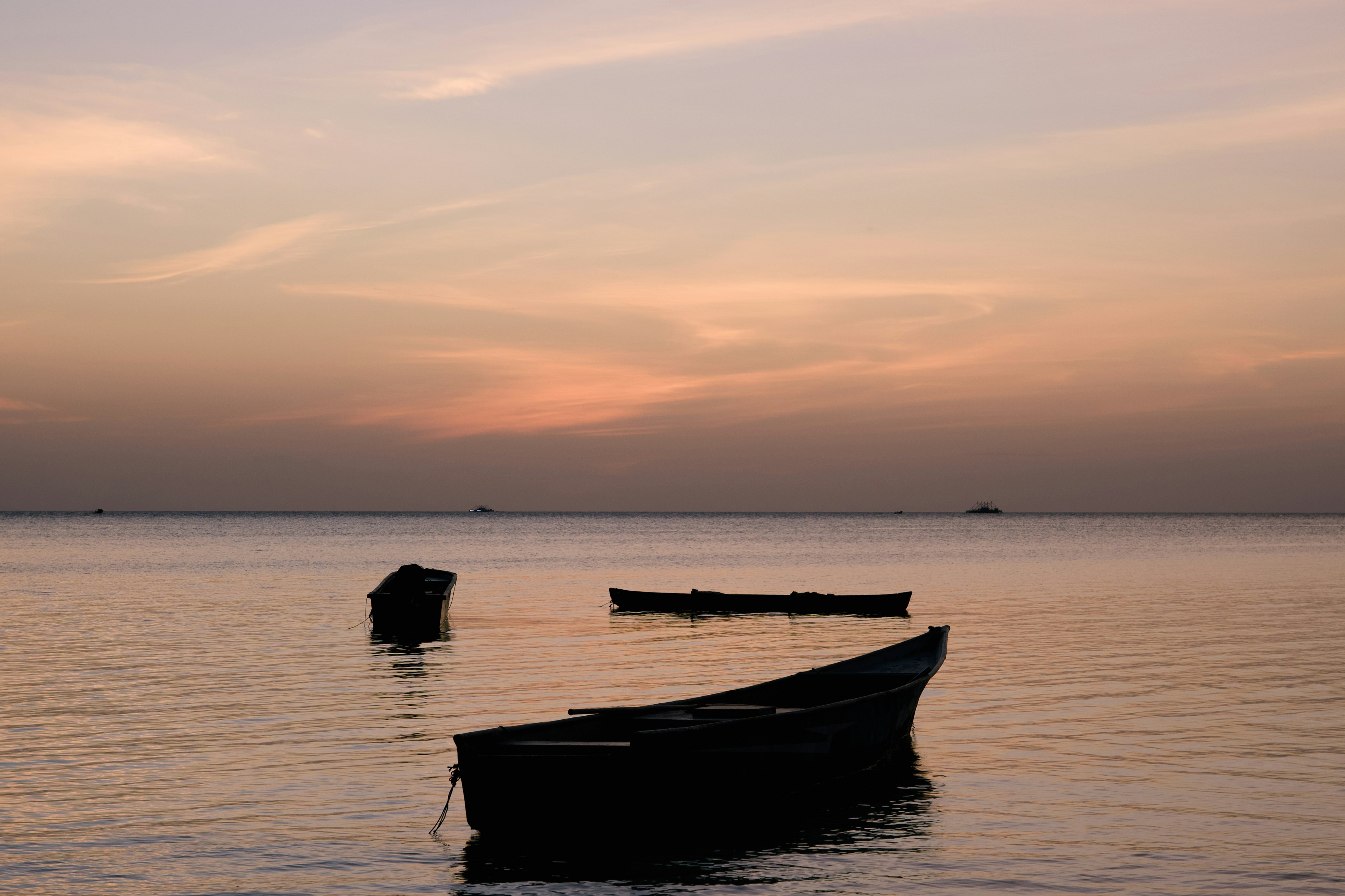 Silhouetted boats at dusk drift on a calm horizon