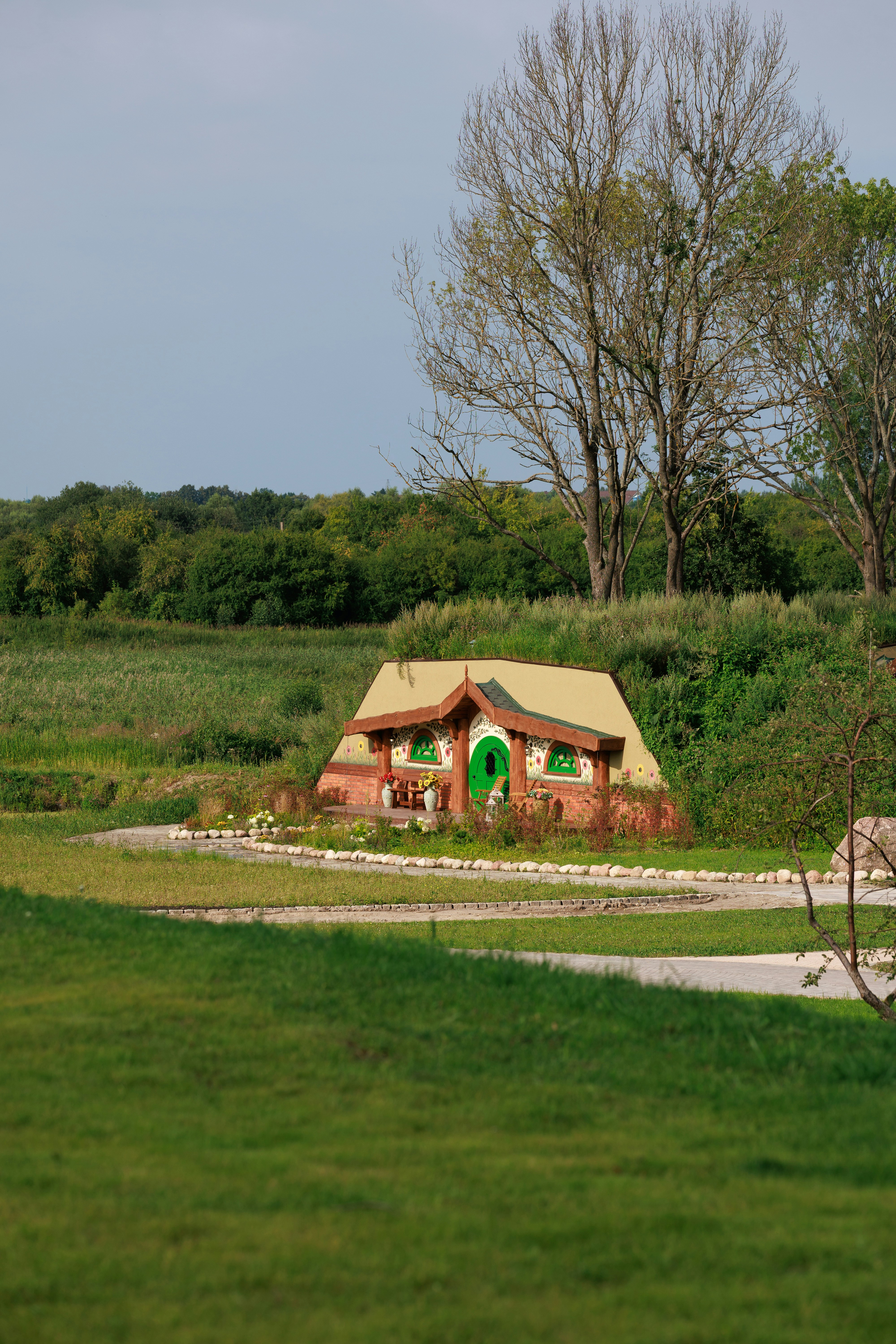 Tiny Cottage in a Green Meadow with Bright Green Door