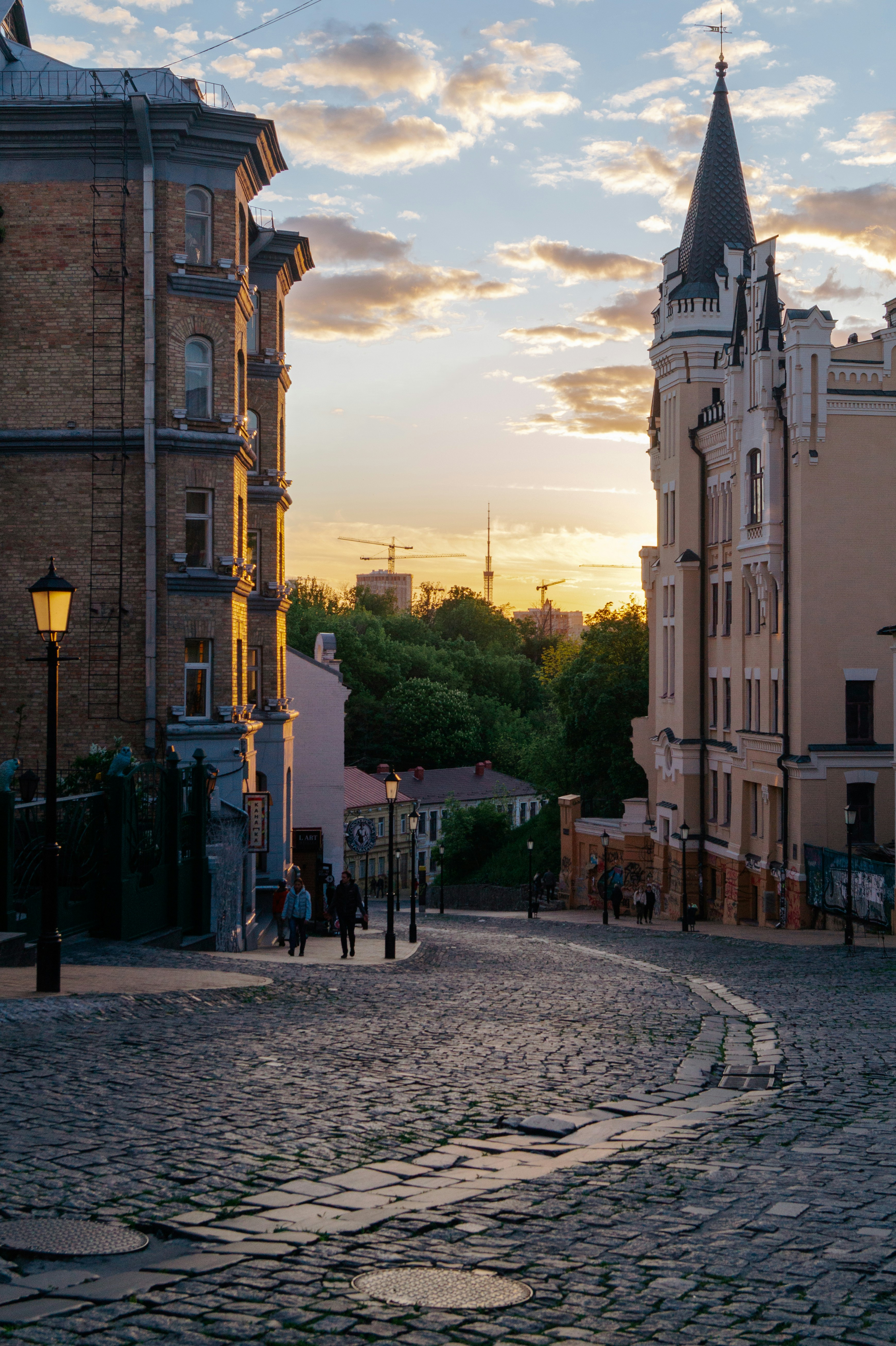 Golden Hour on a Cobblestone Avenue
