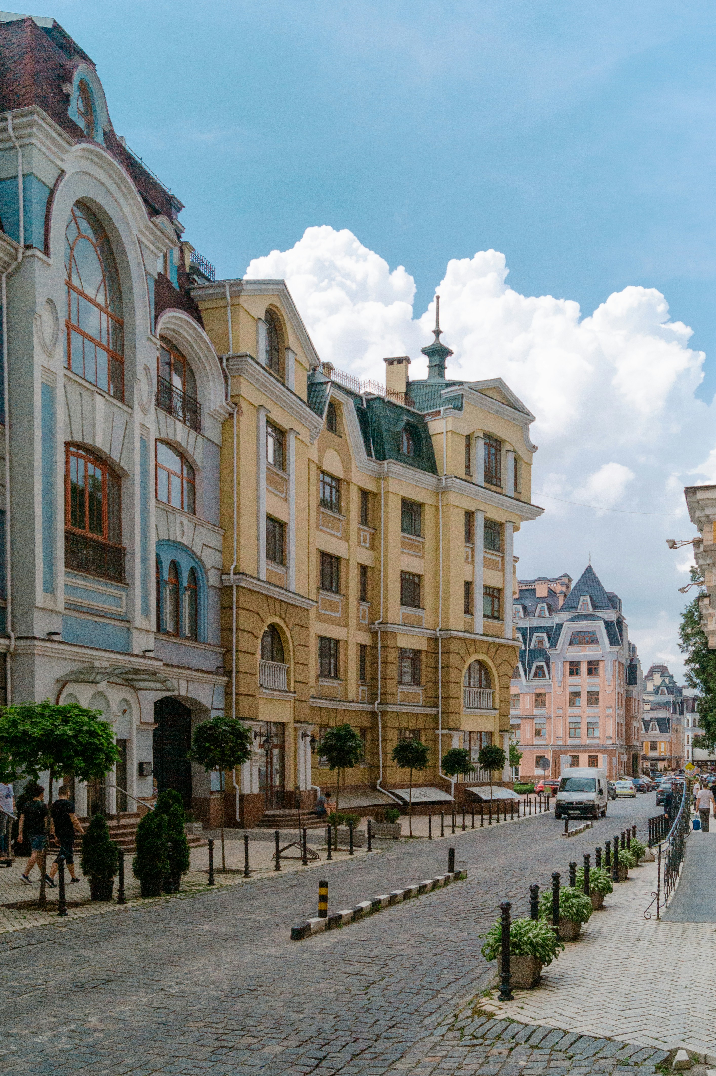 Colorful European Street Climbed by Bright Sky